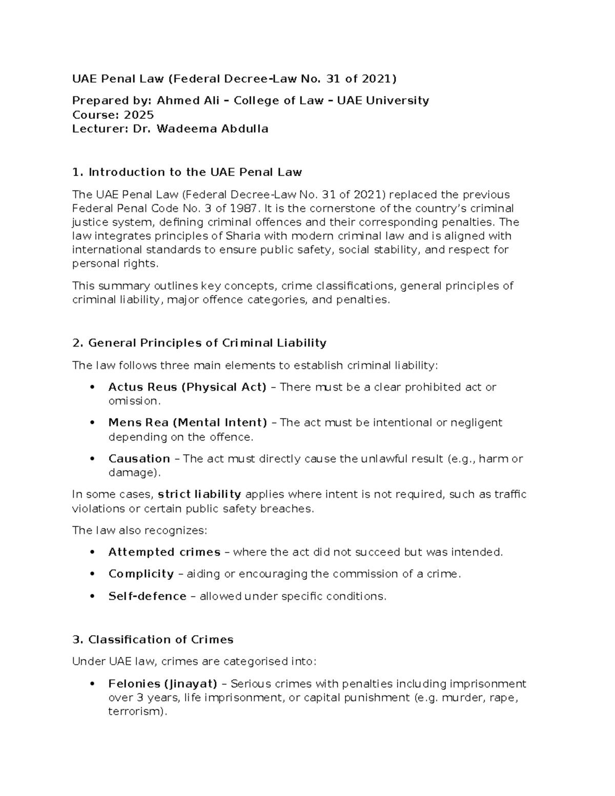 UAE Penal Law Overview (Federal No. 31 of 2021) - Summary Notes - Studocu
