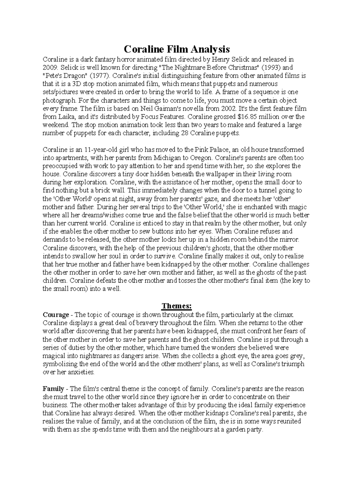 Coraline Film Analysis - Coraline Film Analysis Coraline is a dark ...