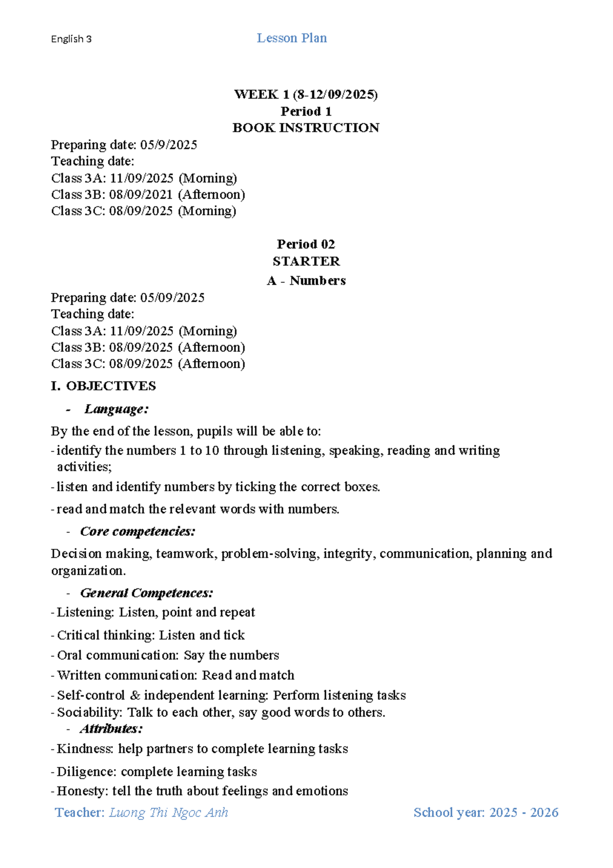 Lesson Plan for English 3 - WEEK 1 Activities and Objectives - Studocu