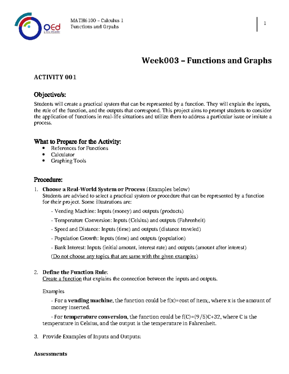 MATH6100 - Week 3 Activity: Real-World Functions & Graphs - Studocu
