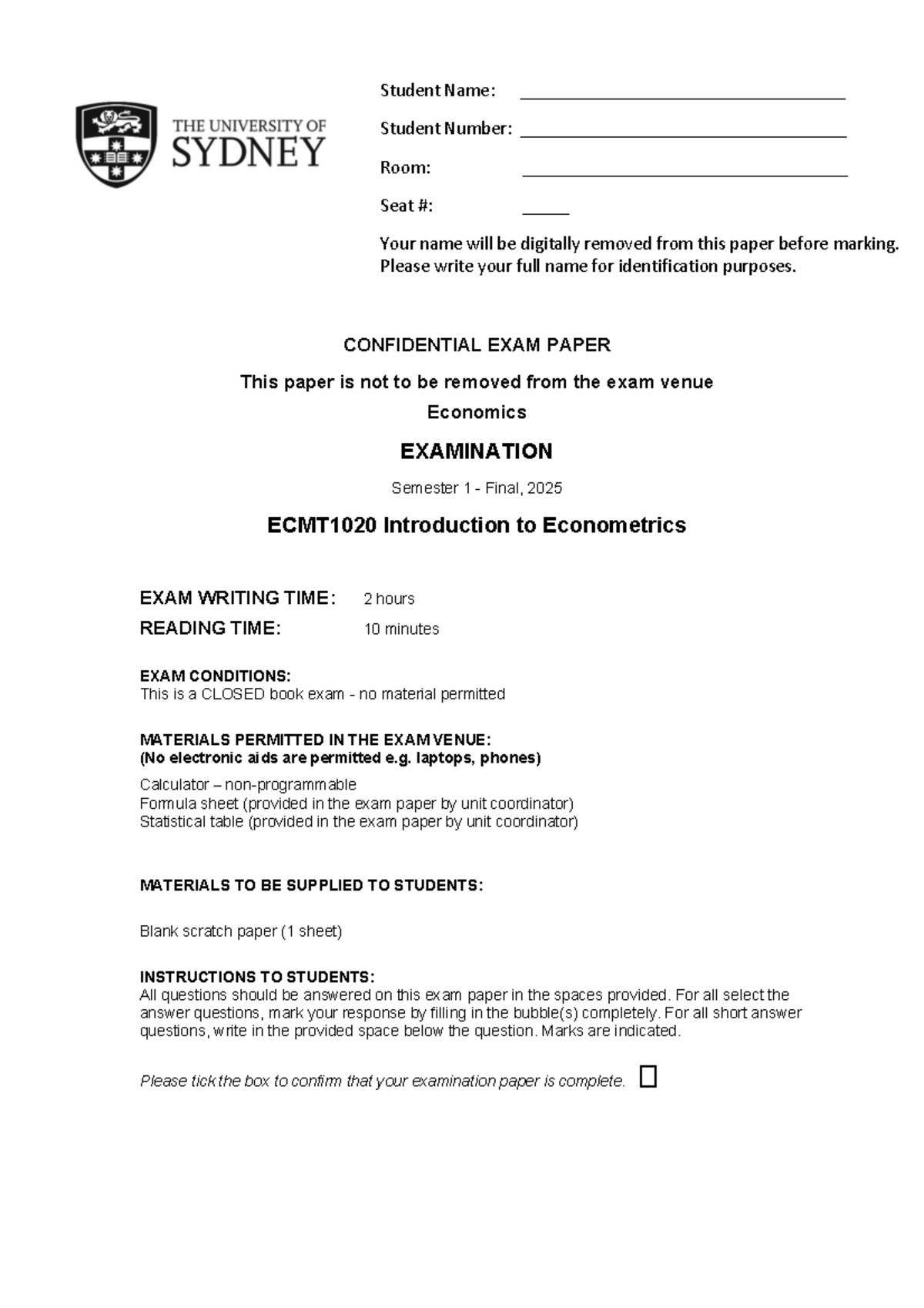 ECMT1020 2025 Semester 1 Final Exam: Introduction to Econometrics - Studocu