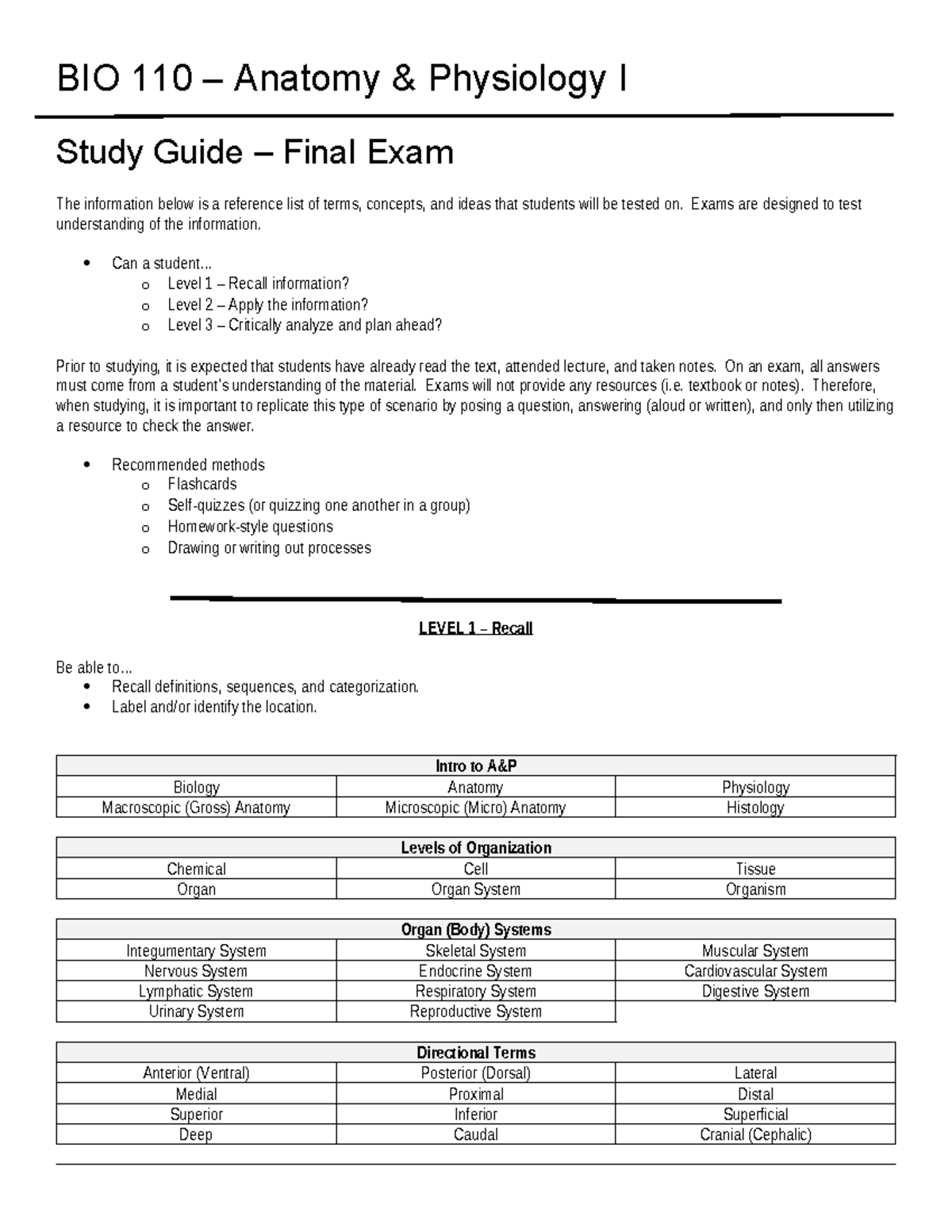 BIO 110 – Anatomy & Physiology I Study Guide for Final Exam - BIO 110 ...