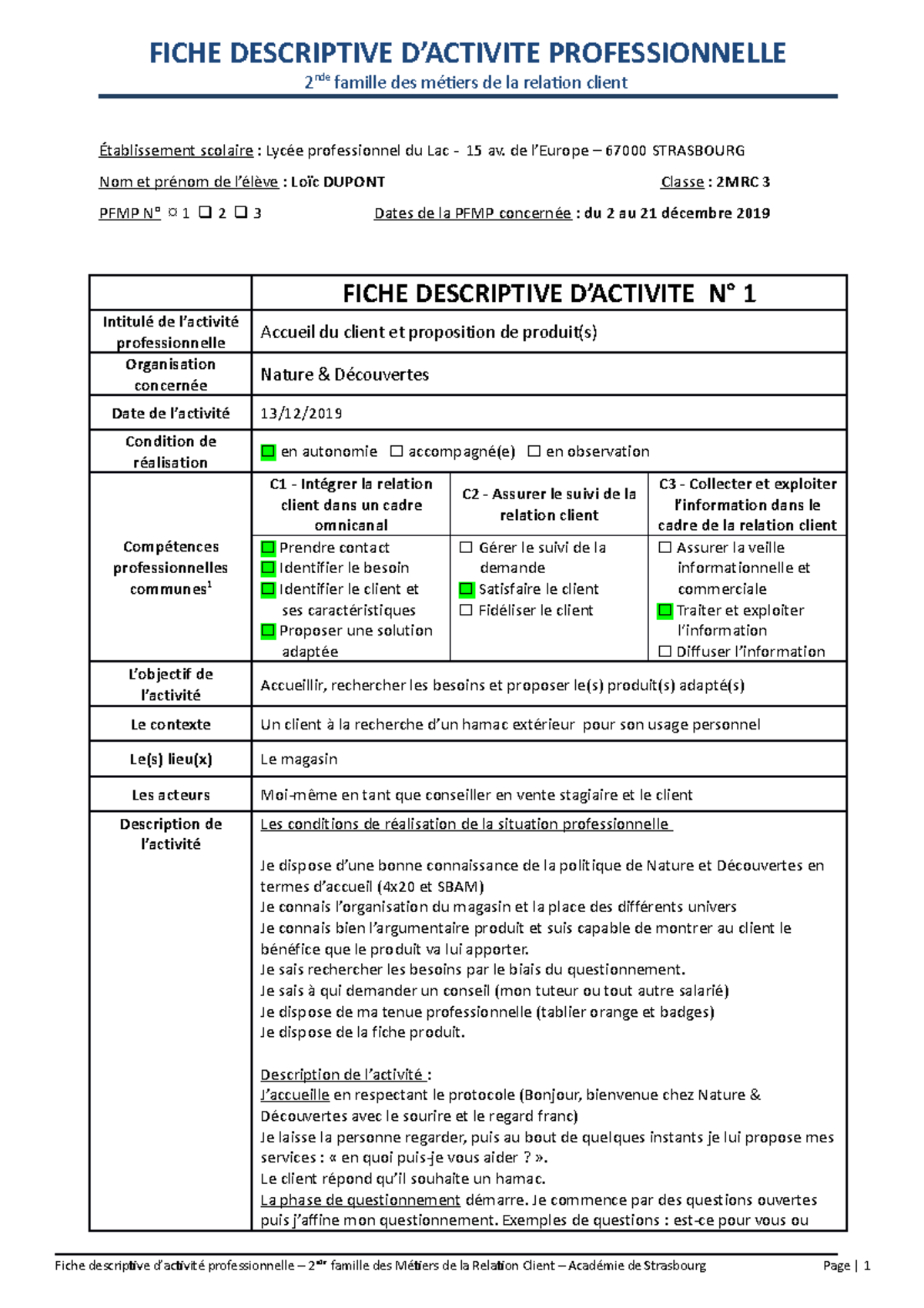 Fiche descriptive Nature et de couvertes - FICHE DESCRIPTIVE D’ACTIVITE ...