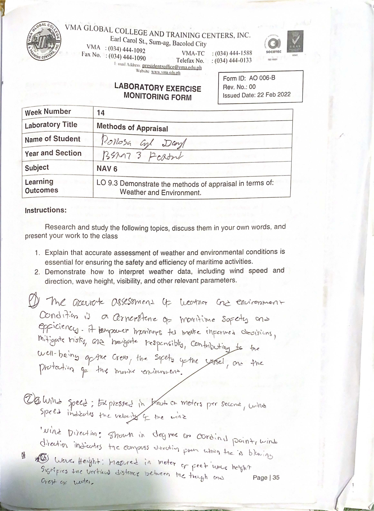BSA77 NAV 6 Lab Exercise: Methods of Appraisal in Maritime Safety - Studocu