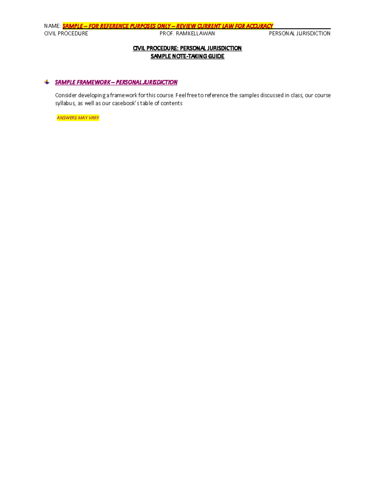 Civil Procedure (CIV 101): Personal Jurisdiction Note-Taking Guide ...