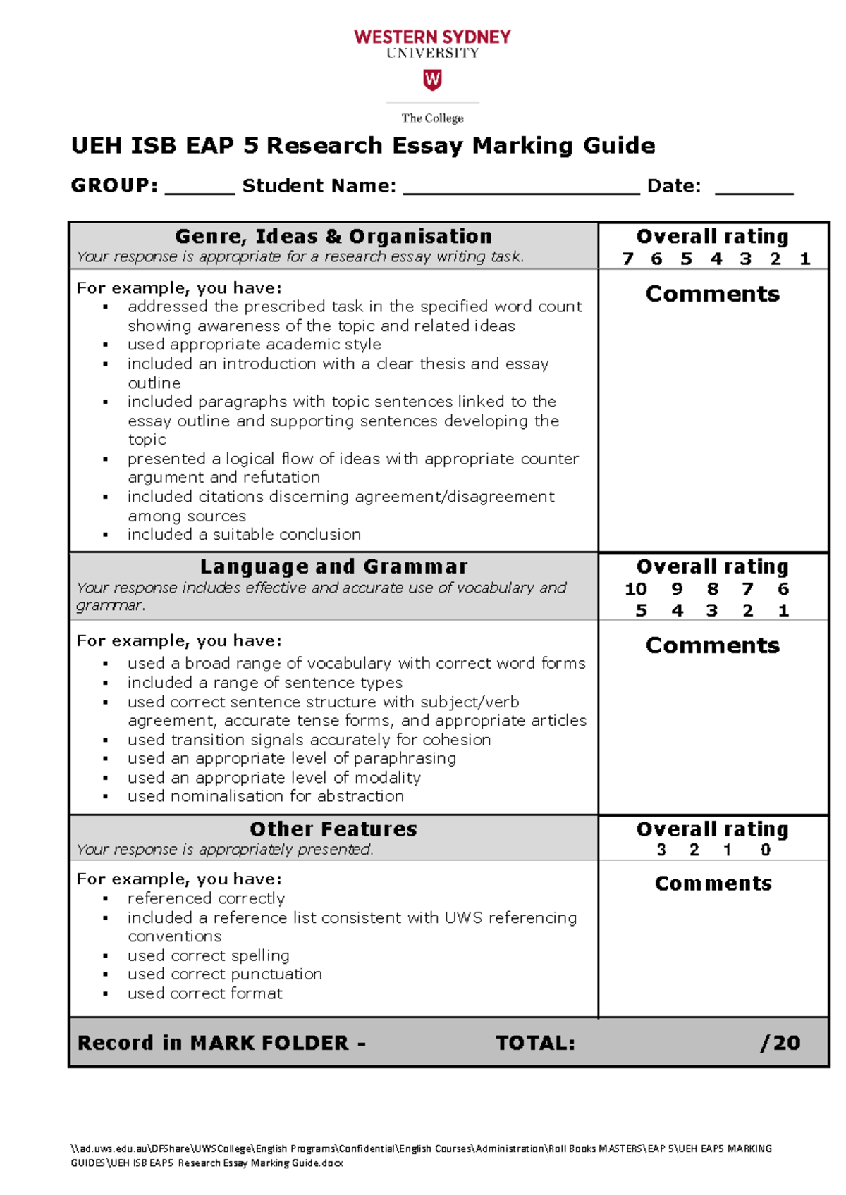 UEH ISB EAP5 Research Essay Marking Guide - \ad.uws.edu\DFShare ...