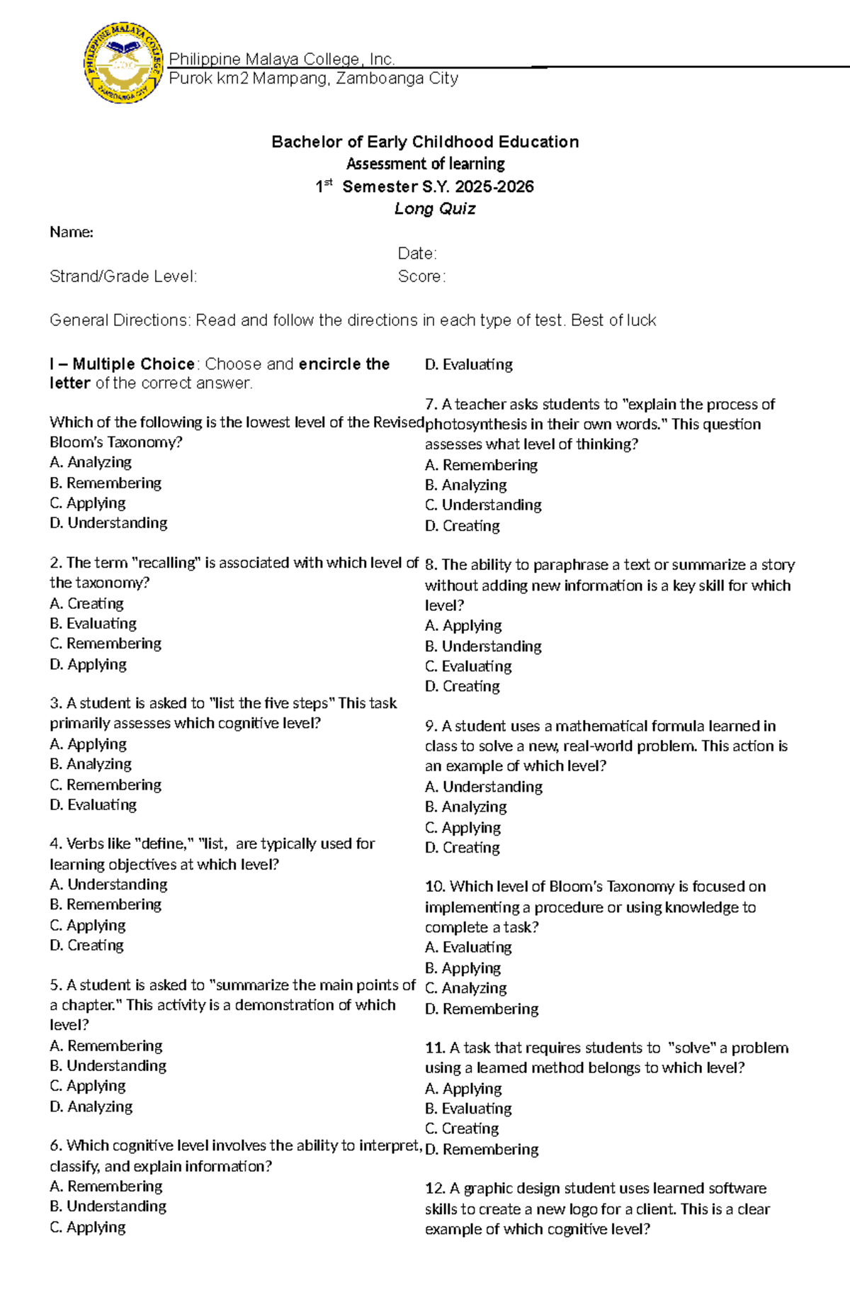 Assessment of Learning: Long Quiz - BECE 1st Sem S.Y. 2023 - Studocu