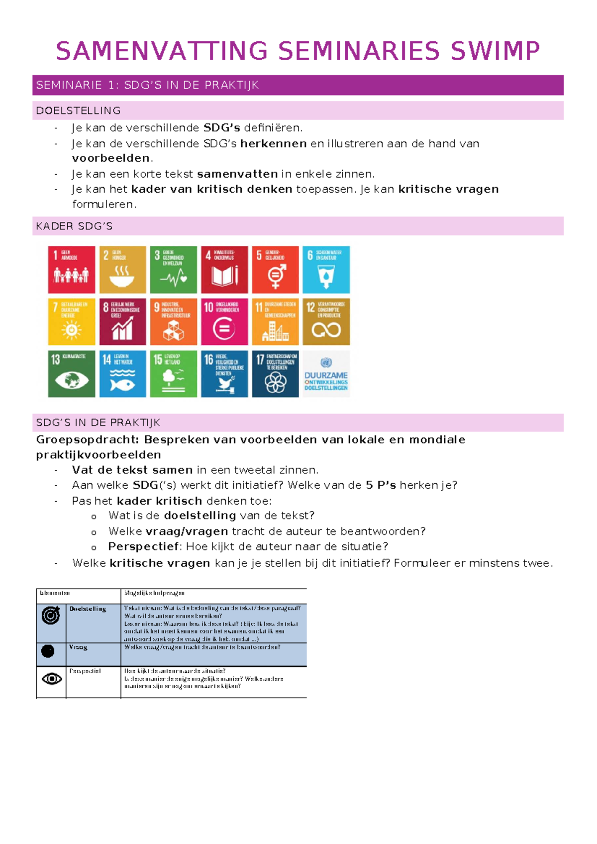 Samenvatting Seminaries SWIMP: SDG's, Armoede en Ongelijkheid - Studocu