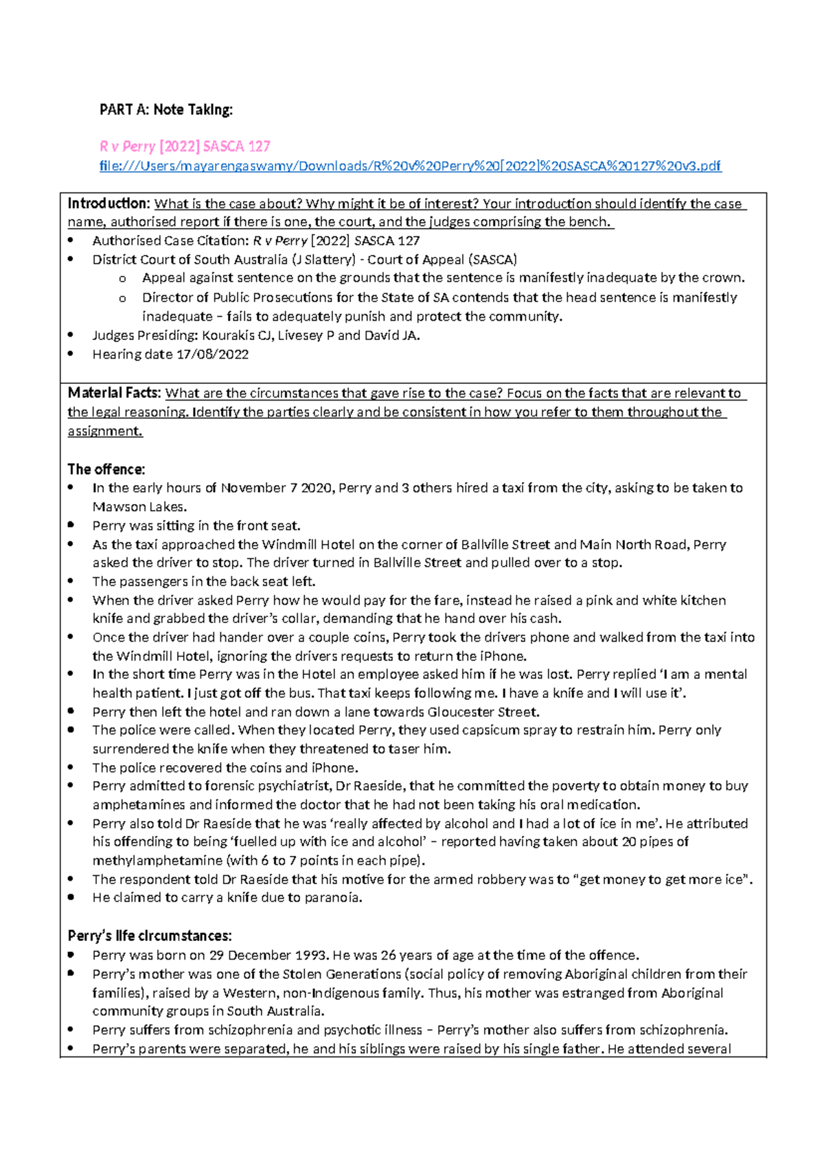 R v Perry [2022] SASCA 127 Case Study Notes - Legal Analysis and ...