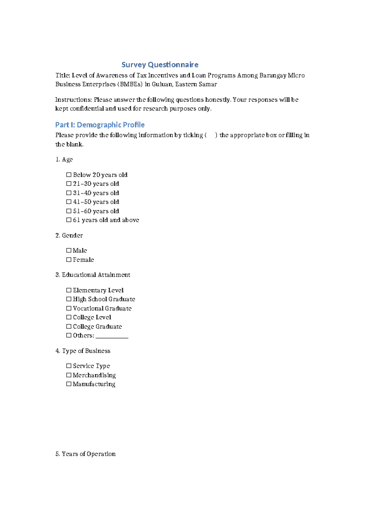 Survey Questionnaire BMBEs - Survey Questionnaire Title: Level of ...