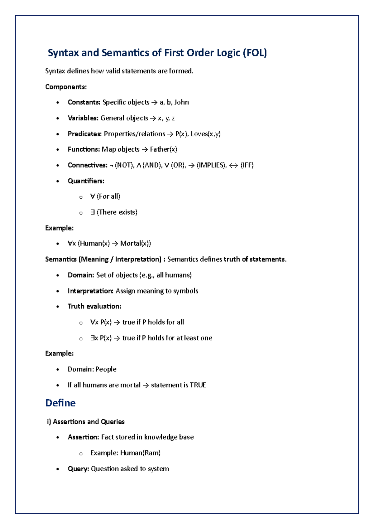 M4 AI VTU - Syntax and Semantics of First Order Logic Notes - Studocu