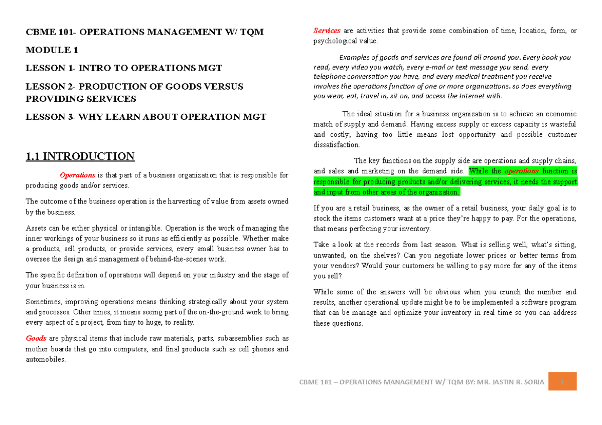 OM&TQM-Week1 module - Lecture notes 1 - CBME 101- OPERATIONS MANAGEMENT ...