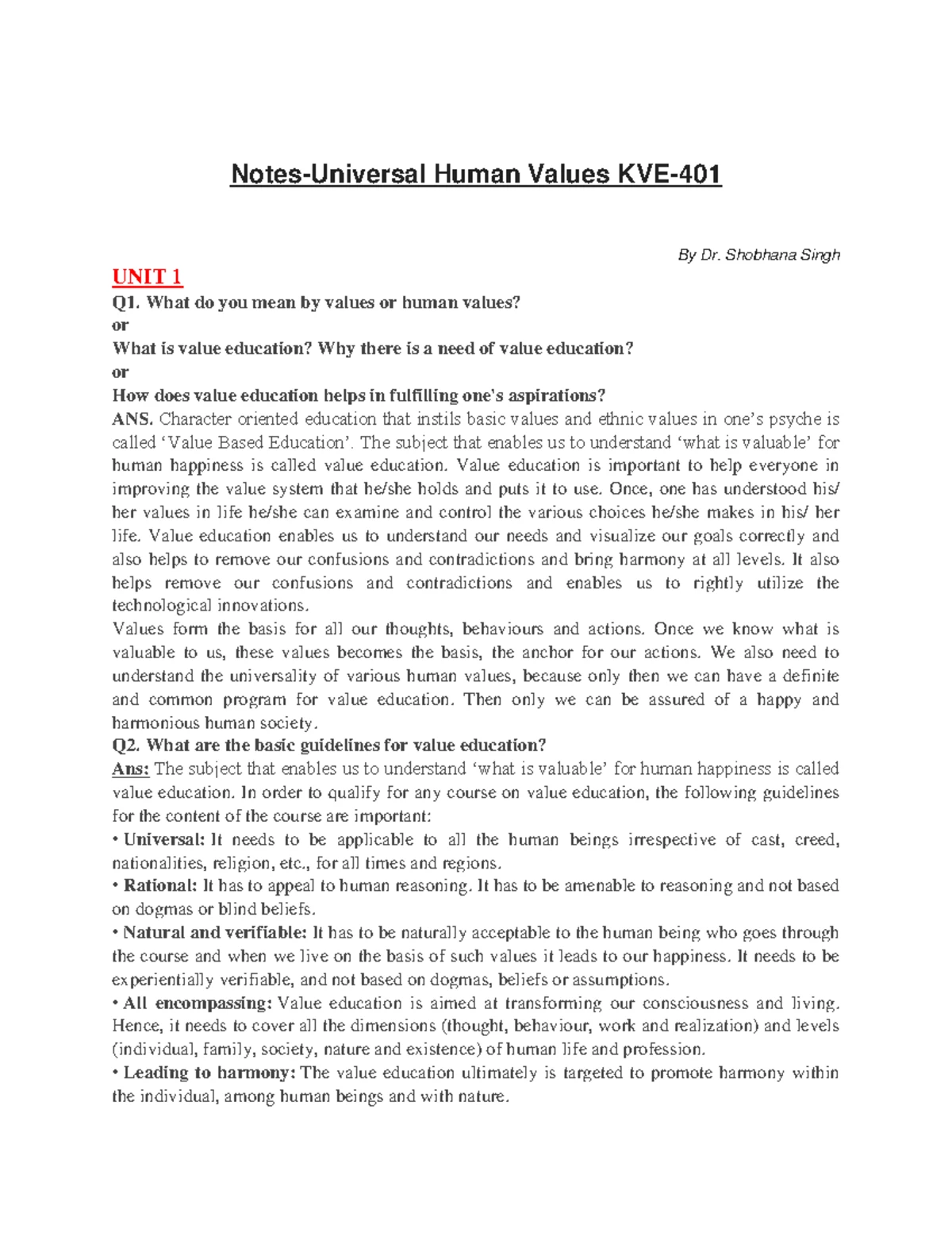 UNIT 2 notes uhv - HUMAN VALUES AND PROFESSIONAL ETHICS LECTURE NOTES ...