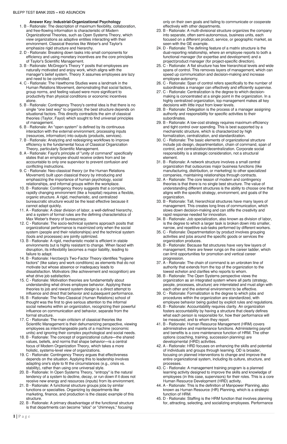 BLEPP TEST BANK 2025 KID ASUNCION Answer Key: Psychology - Studocu