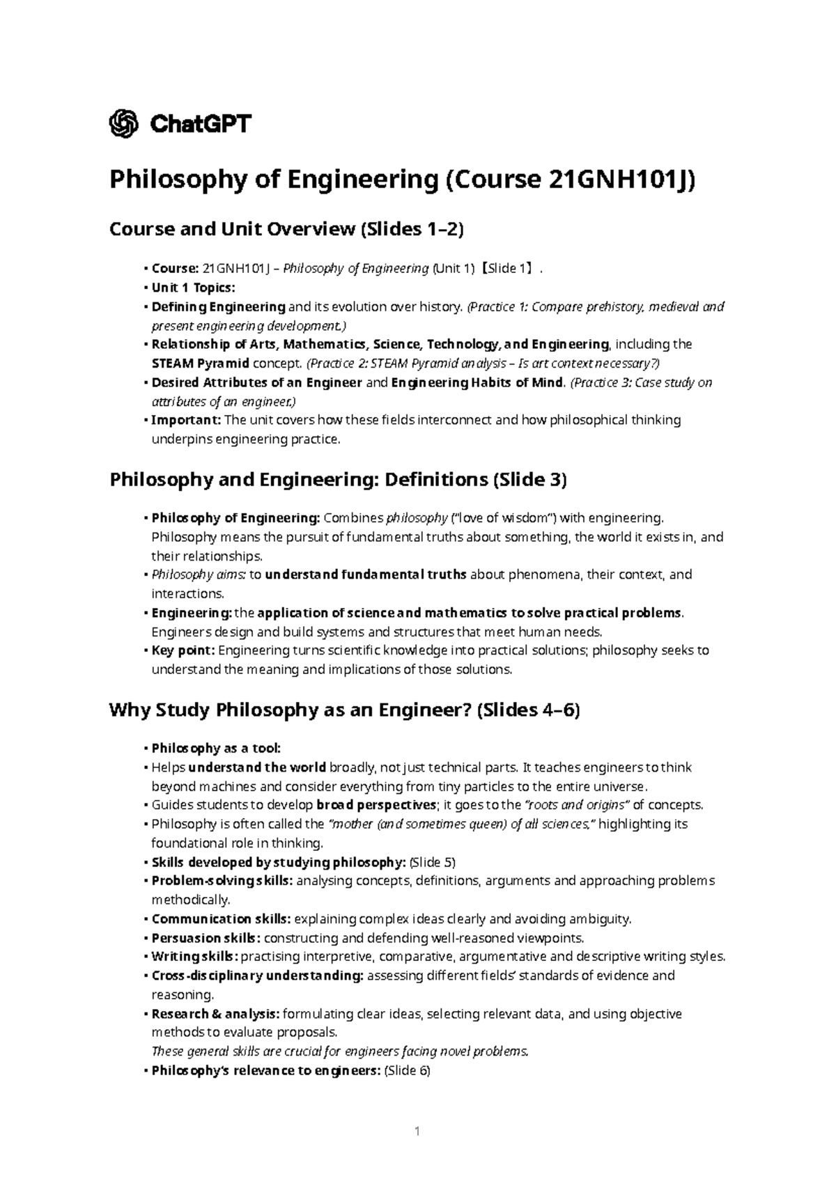 Philosophy of Engineering (21GNH101J) Unit 1 Overview and Key Concepts ...