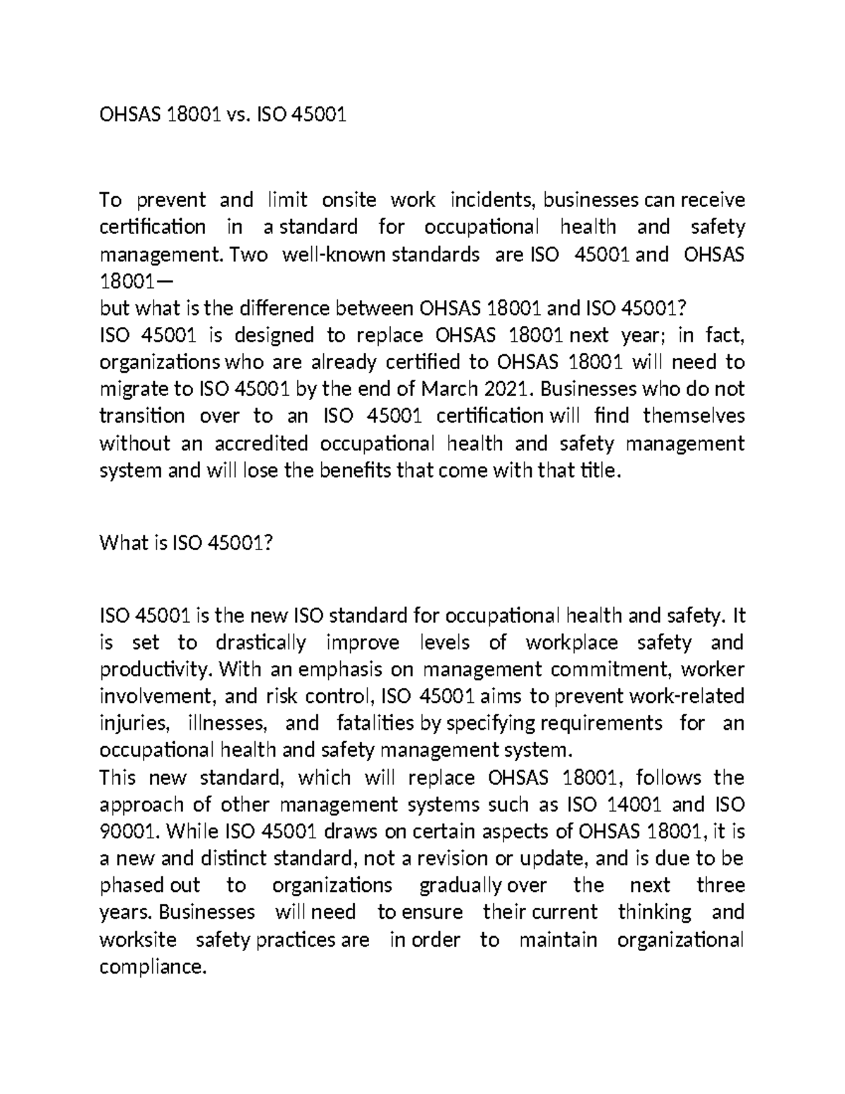 OHSAS 18001 vs ISO 45001: Key differences in safety management ...