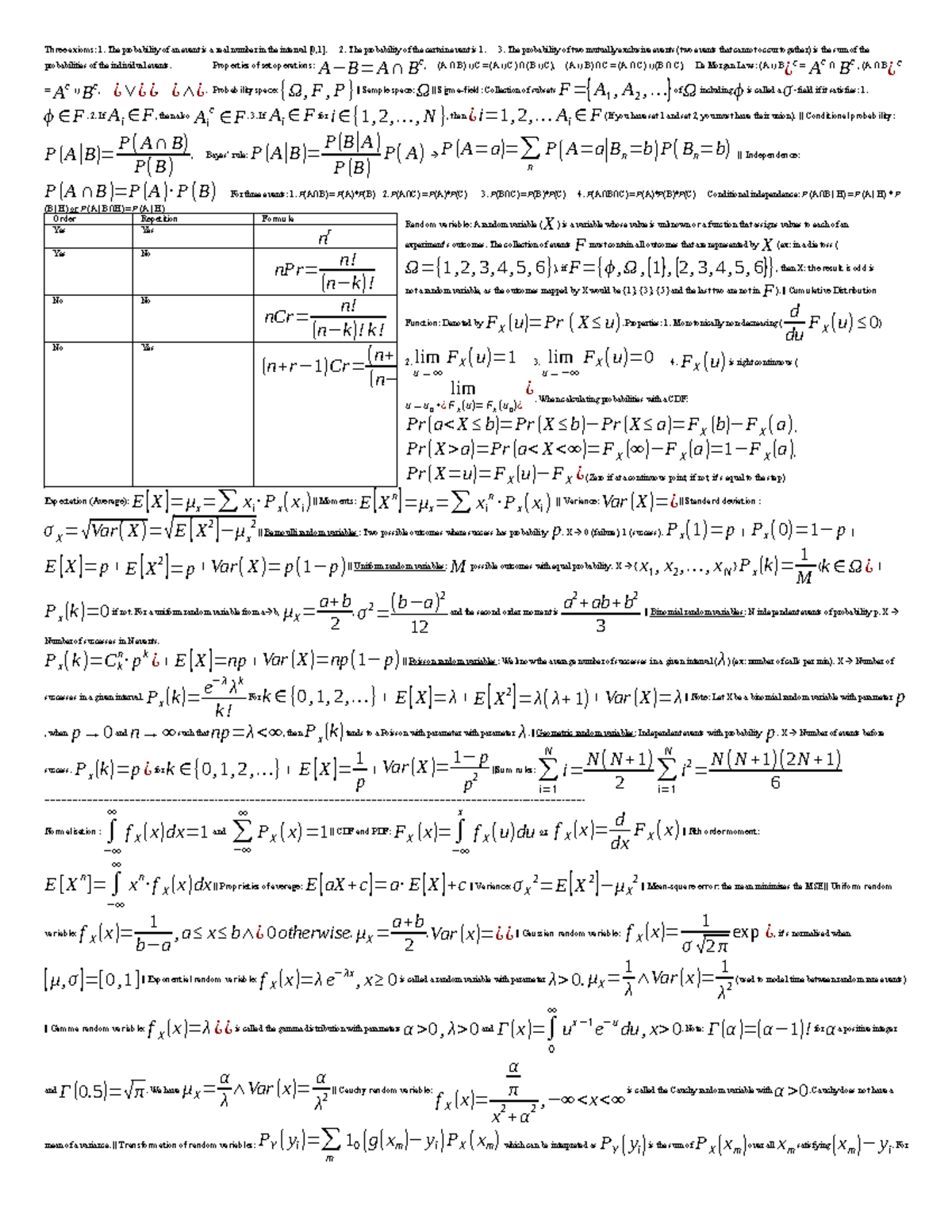 Final Exam - Probability Theory Concepts and Formulas (MATH 101) - Studocu