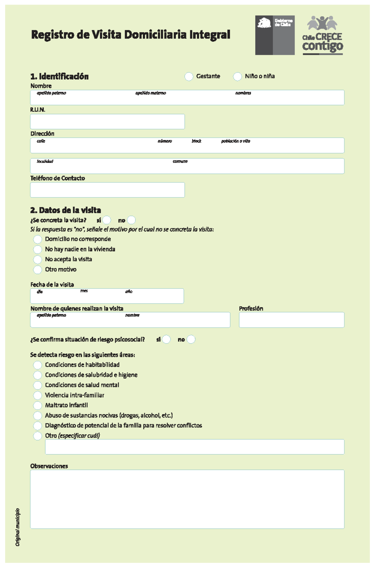 Formulario Registro de Visita Domiciliaria Integral - Chile CRECE ...