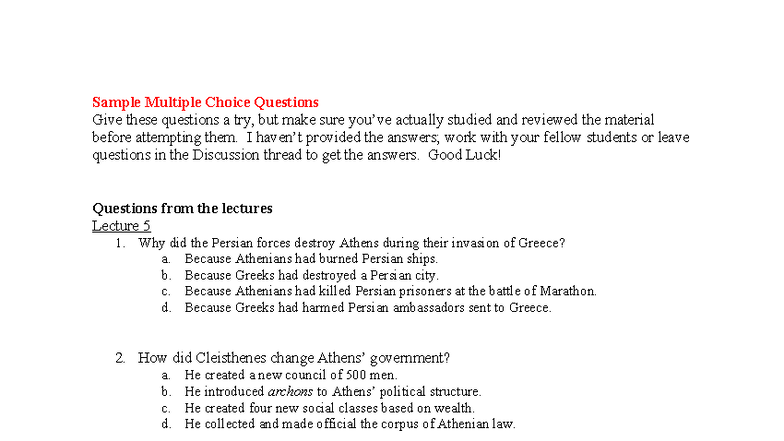 Sample MCQs for Lectures 5 to 8 - Sample Multiple Choice Questions Give ...