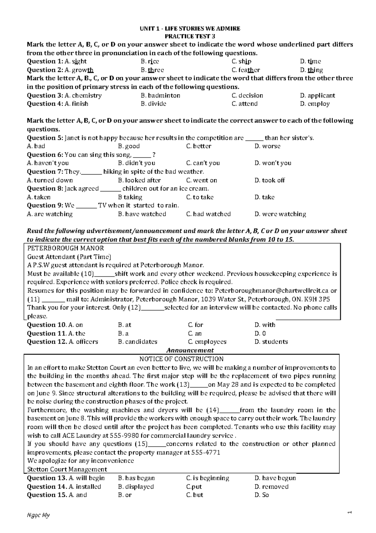 Test 3 - U1 - G12 - Practice Questions on Life Stories and ...