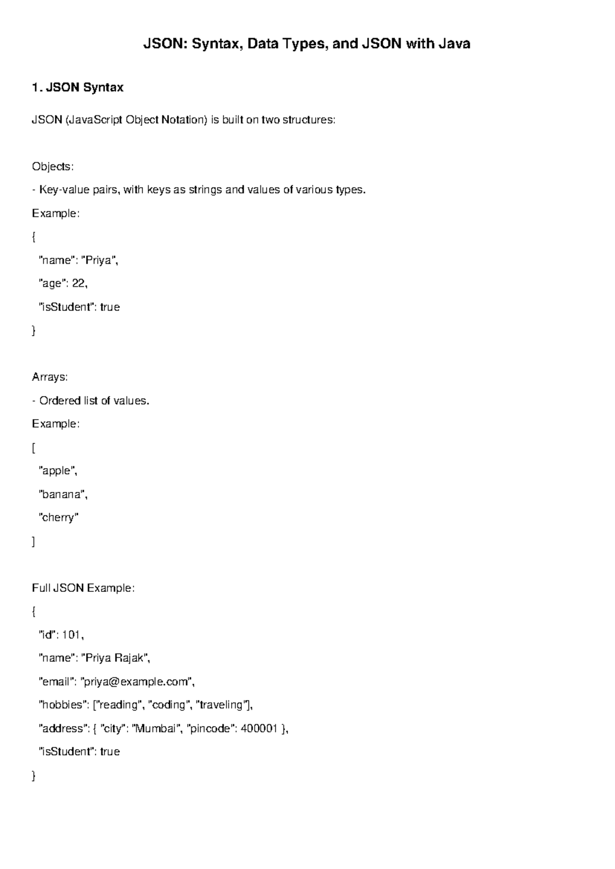 JSON Syntax, Data Types, and Usage in Java Programming - Studocu