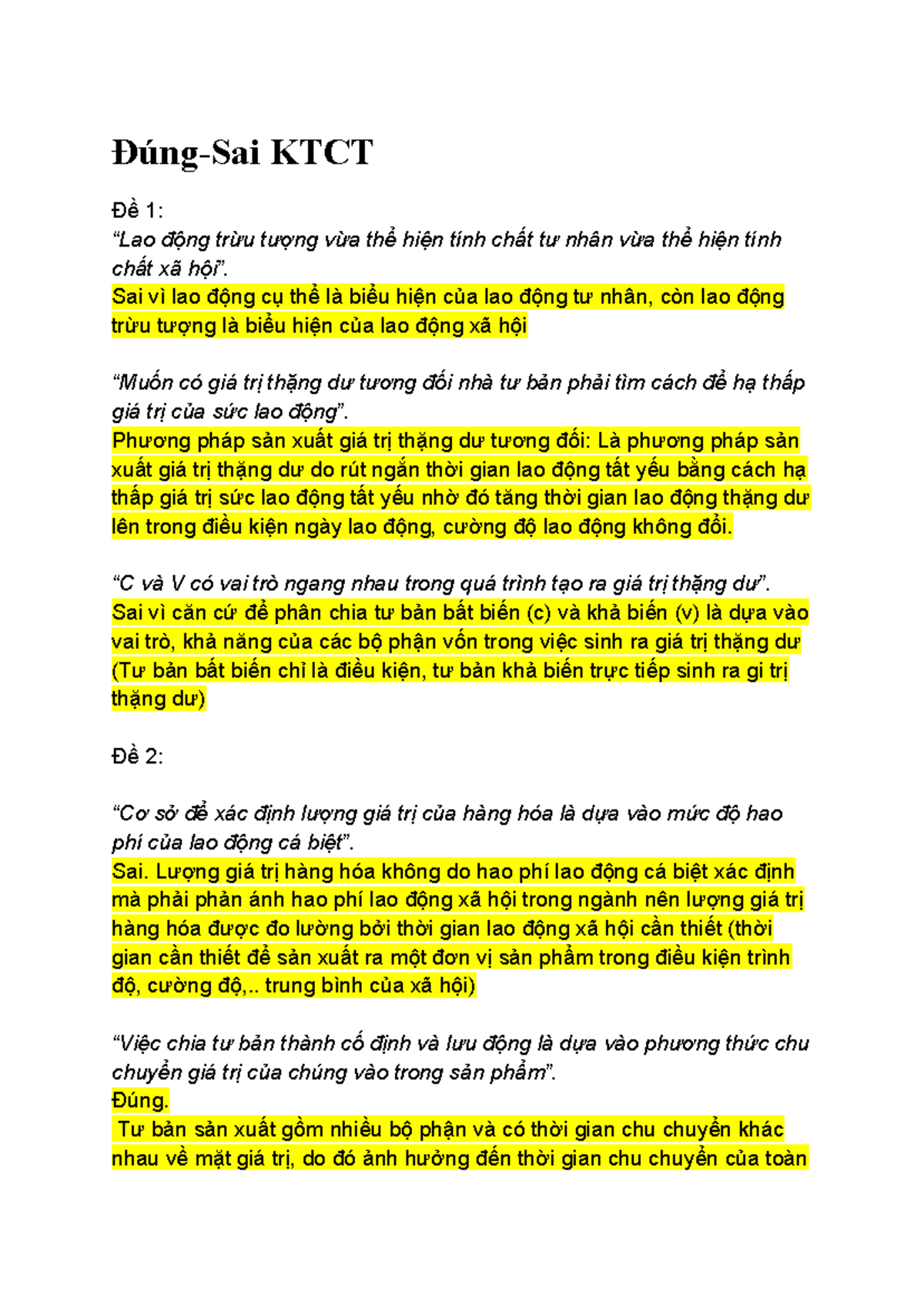 Đúng-Sai KTCT-Final - Đúng-Sai KTCT - Đúng-Sai KTCT Đề 1: “Lao động ...
