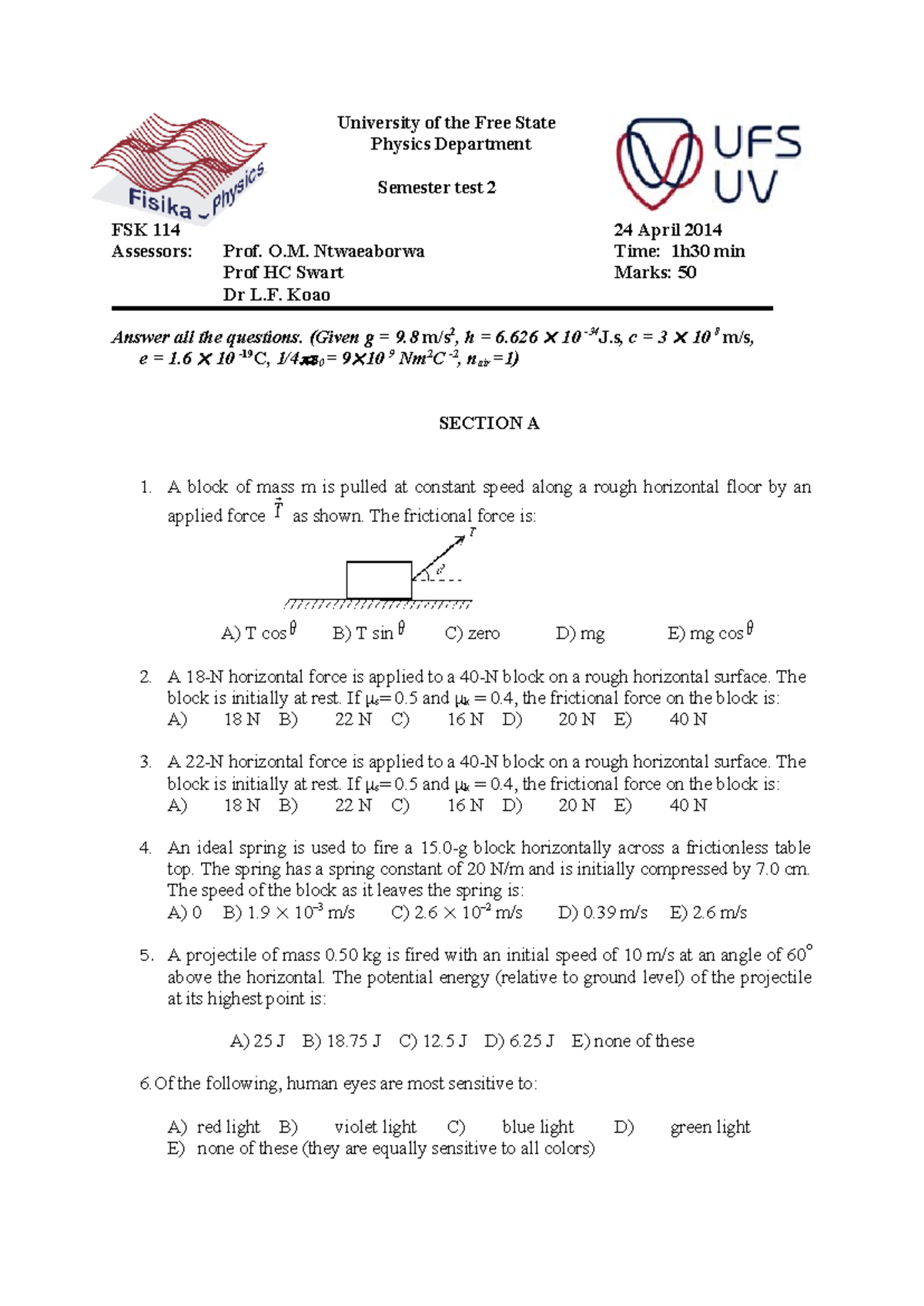 FSK 114 Physics Semester Test 2 - Question Paper (2014) - Studocu
