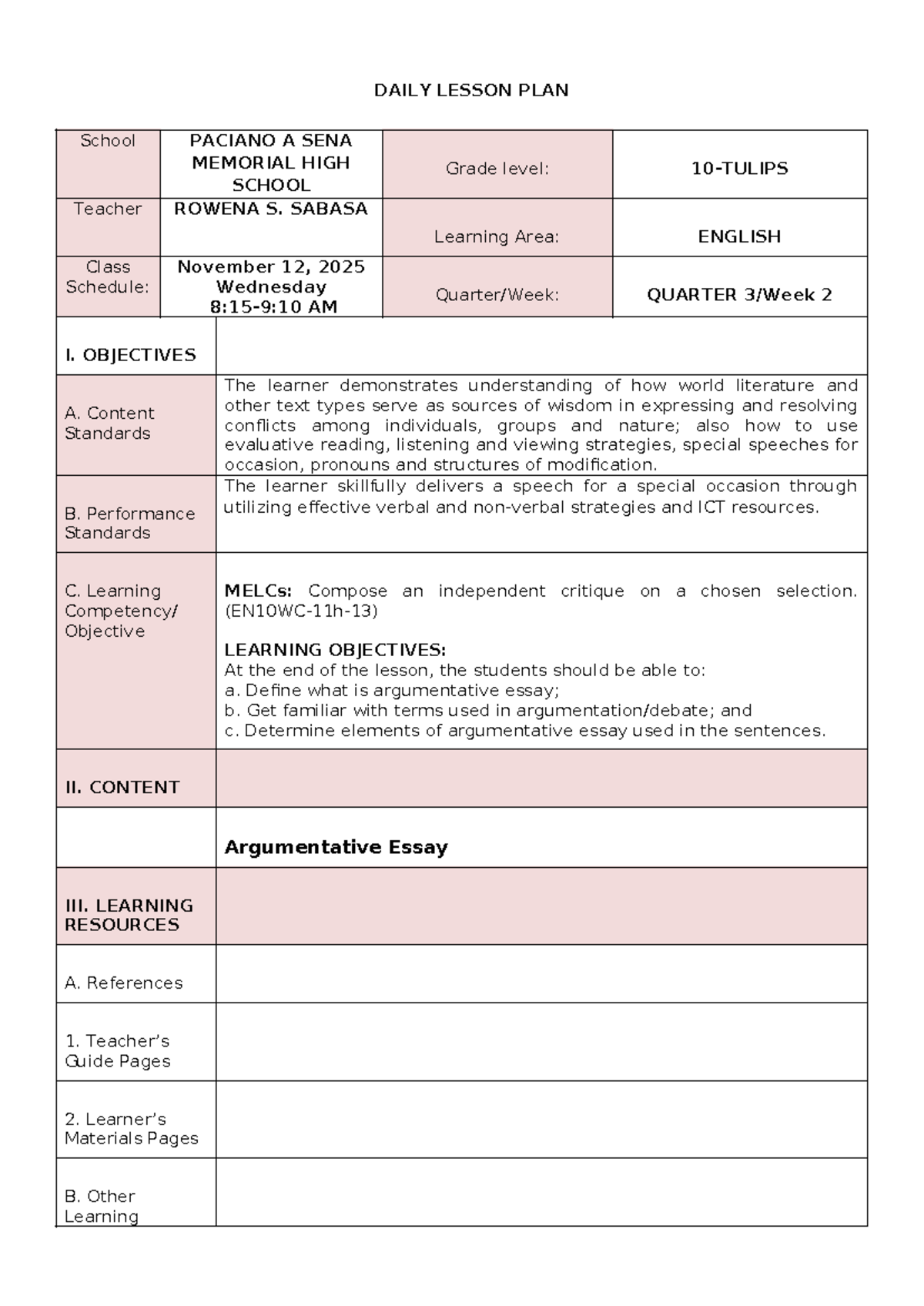 Argumentative Essay Lesson Plan: ENGLISH 2nd Quarter - Studocu