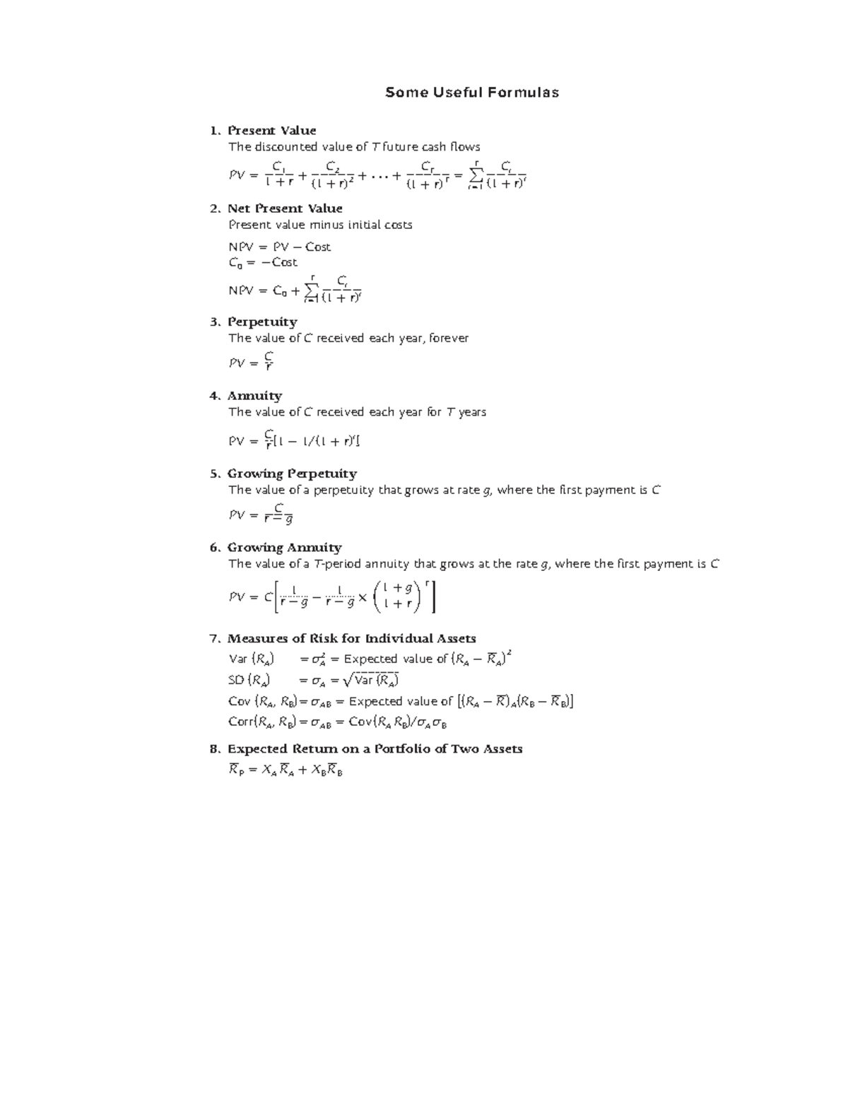 Formula Sheet Final - Key Financial Formulas and Concepts - Studocu