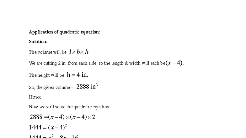 Application of Quadratic Equations in Volume Problems - Studocu