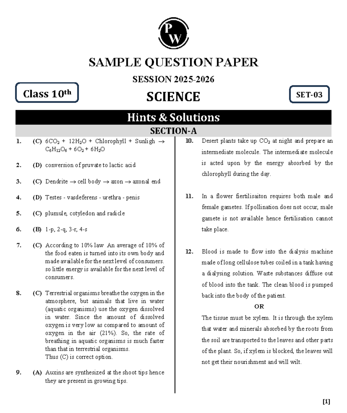 Class 10th SCIENCE Sample Question Paper with Hints & Solutions - Studocu