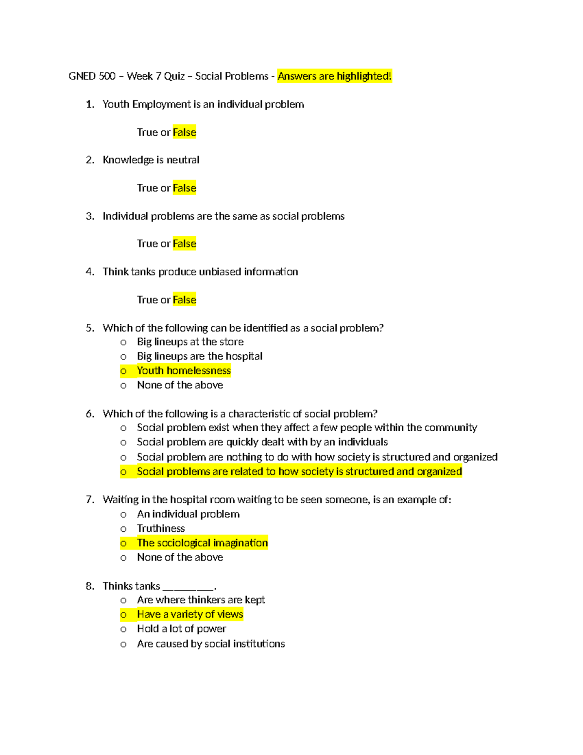 GNED 500 - Week 7 Quiz - Social Problems - Answers Highlighted - Studocu