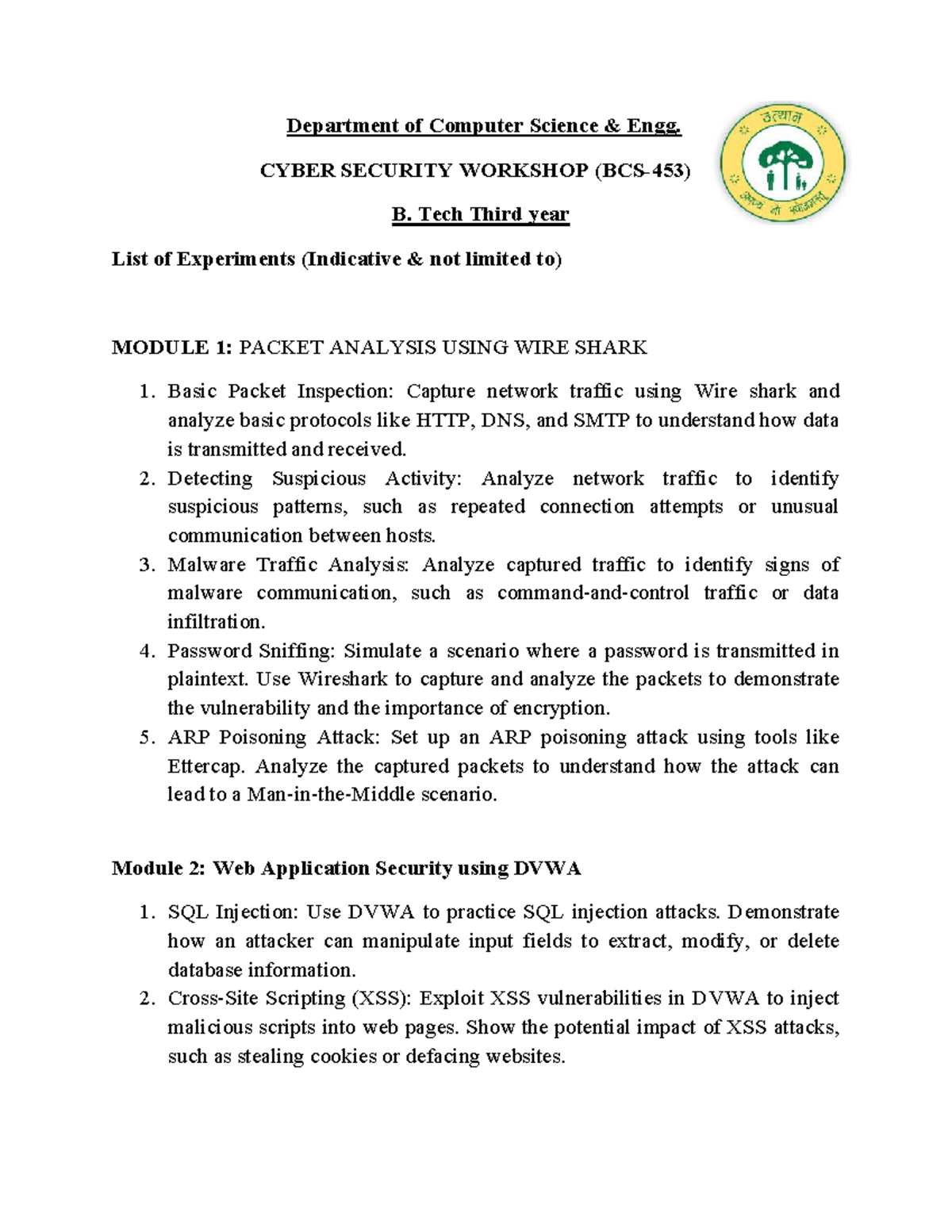 B.Tech Cyber Security Workshop Syllabus: Experiments & Modules - Studocu