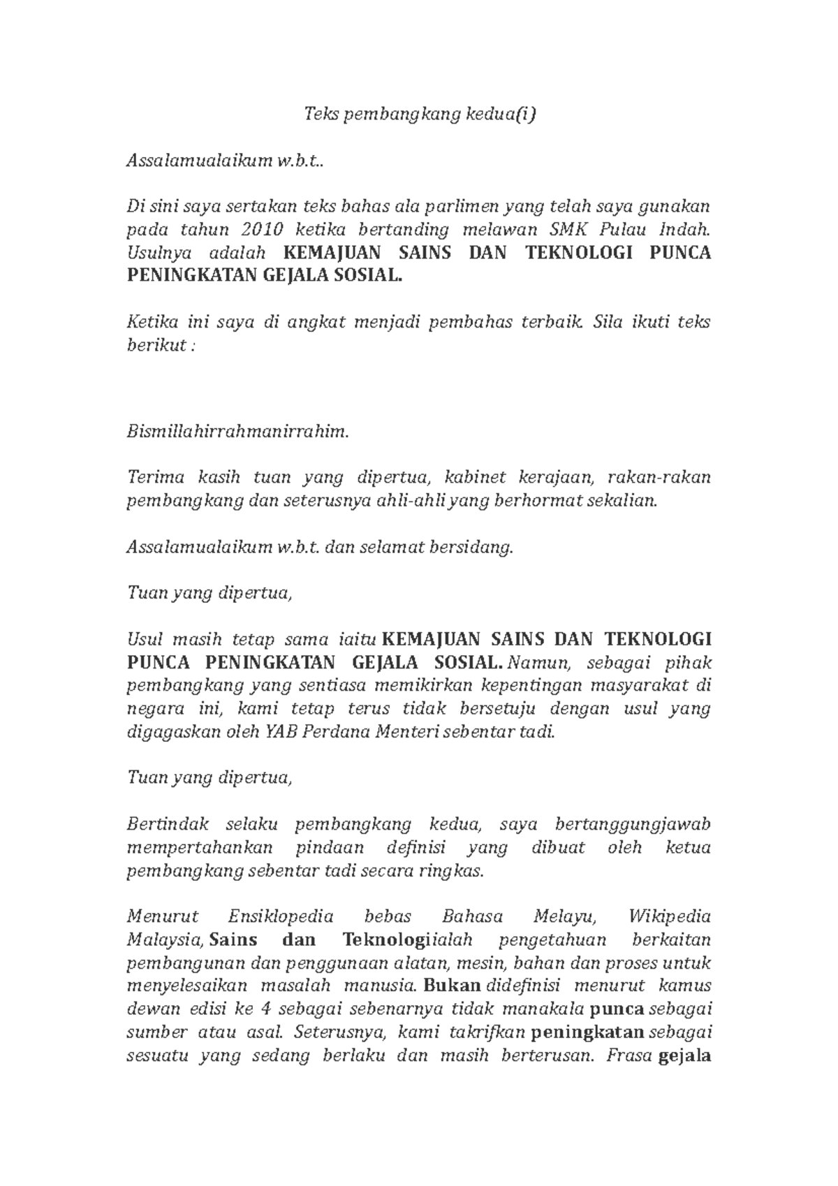 Teks Pembangkang Kedua(i): Analisis dan Argumentasi Padu - Studocu