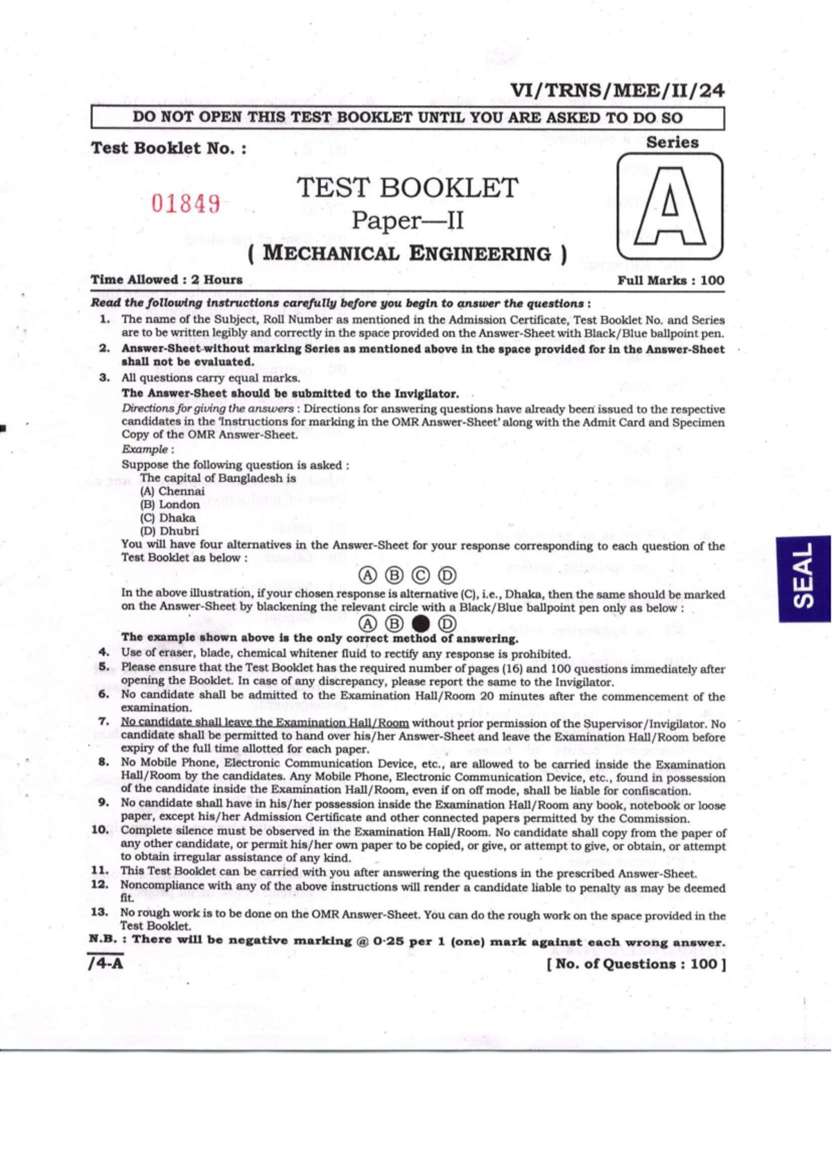 Mechanical Engineering Test Booklet No. 01849 - Instructions ...