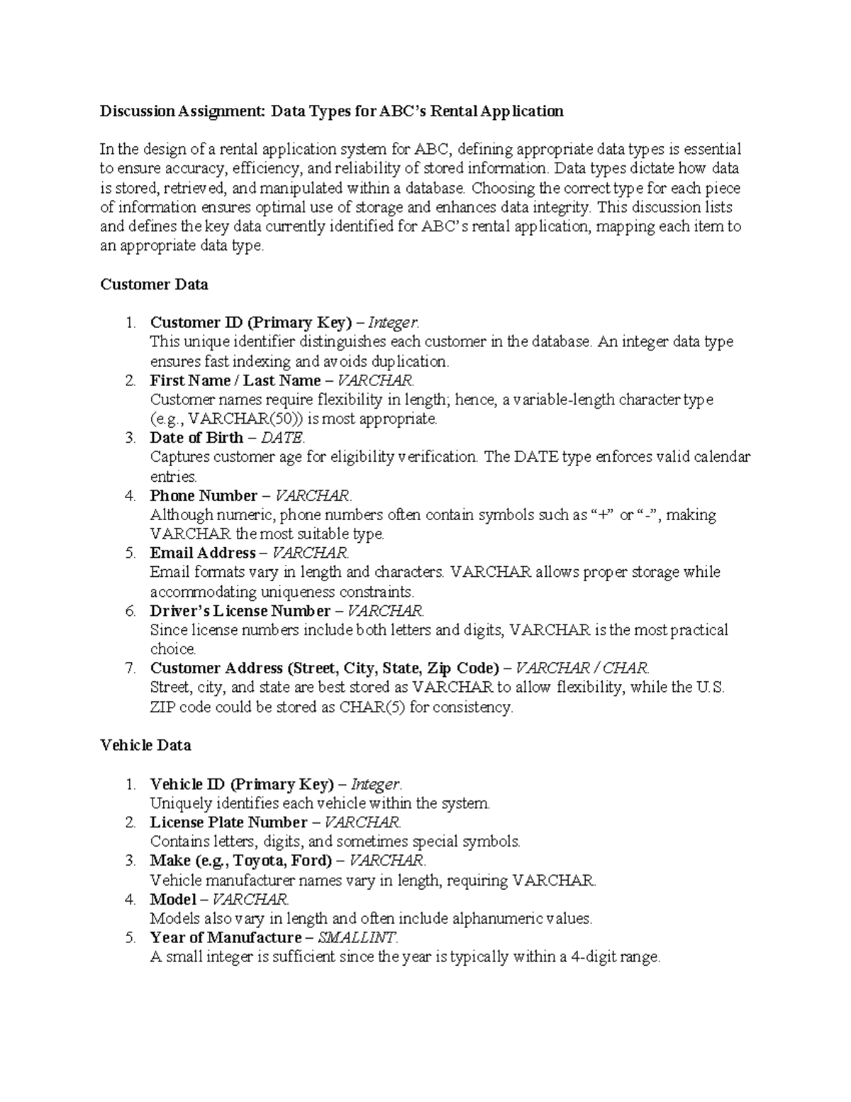 Discussion Assignment: Data Types for Rental Application (Unit 1) - Studocu