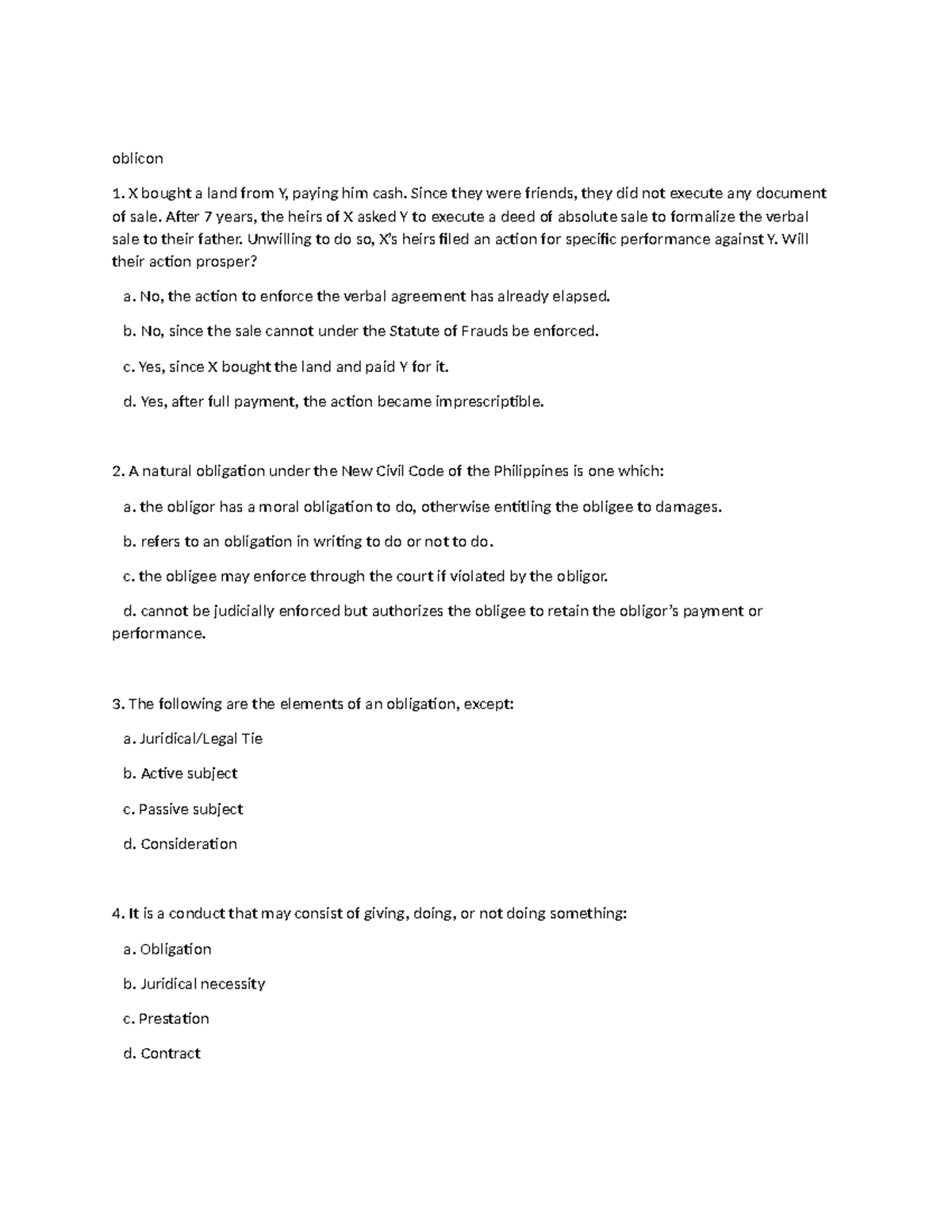 Oblicon 1: Test Bank for Obligations and Contracts Exam Preparation ...