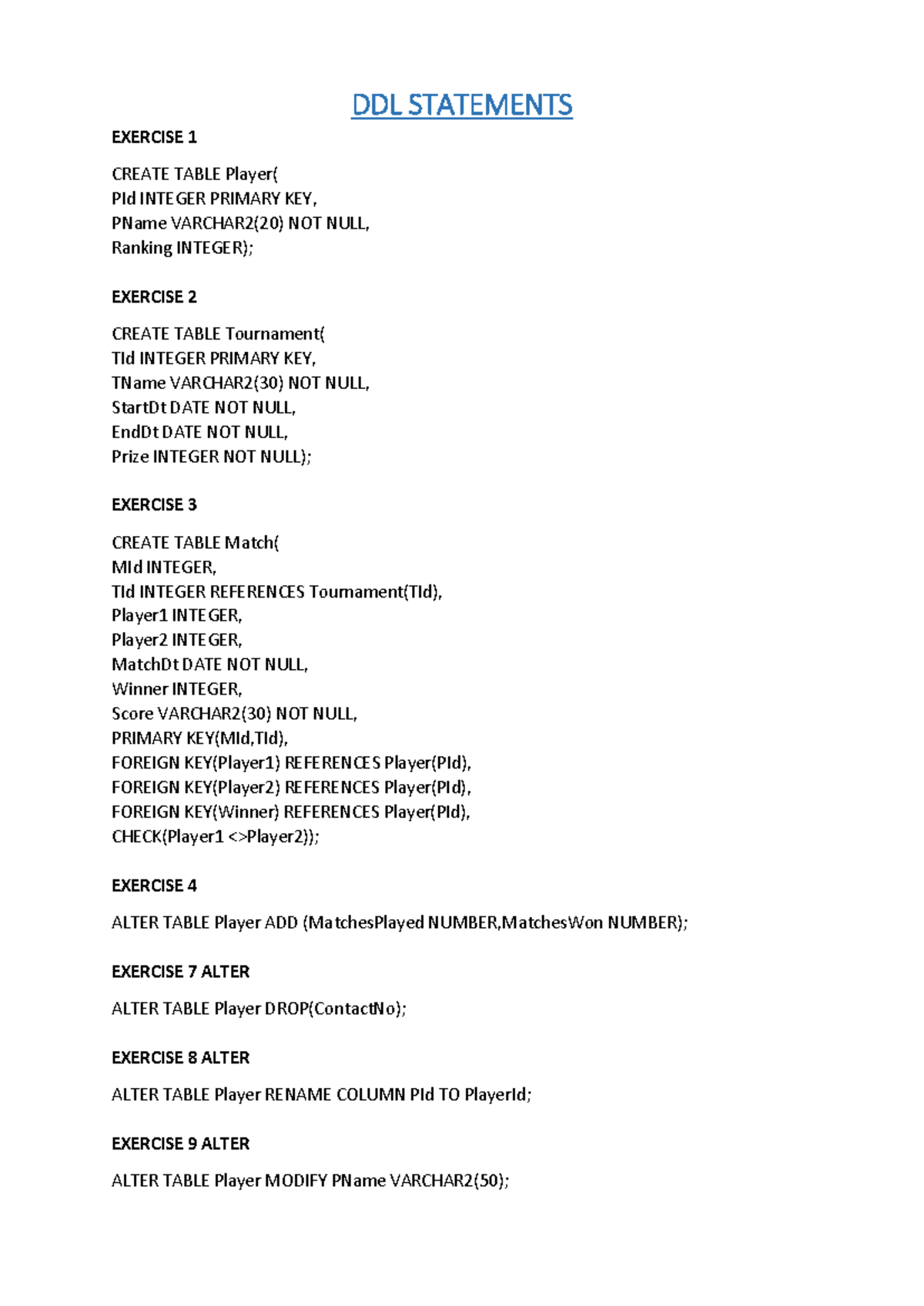 DMBS 101 DDL & DML Exercises and Solutions Overview - Studocu
