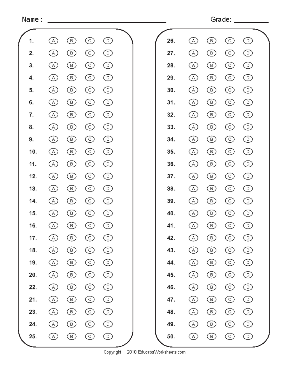 Bubble Answer Sheet for Questions 1-50 - Studocu