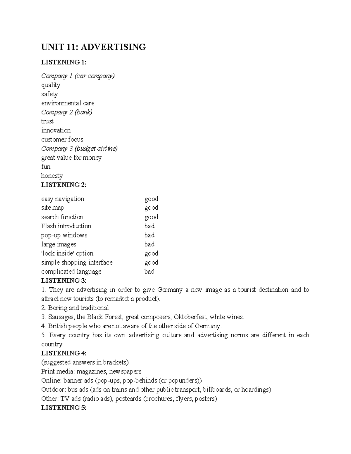 Key - KEY LISTENING UNIT 10 - UNIT 11: ADVERTISING LISTENING 1: Company ...