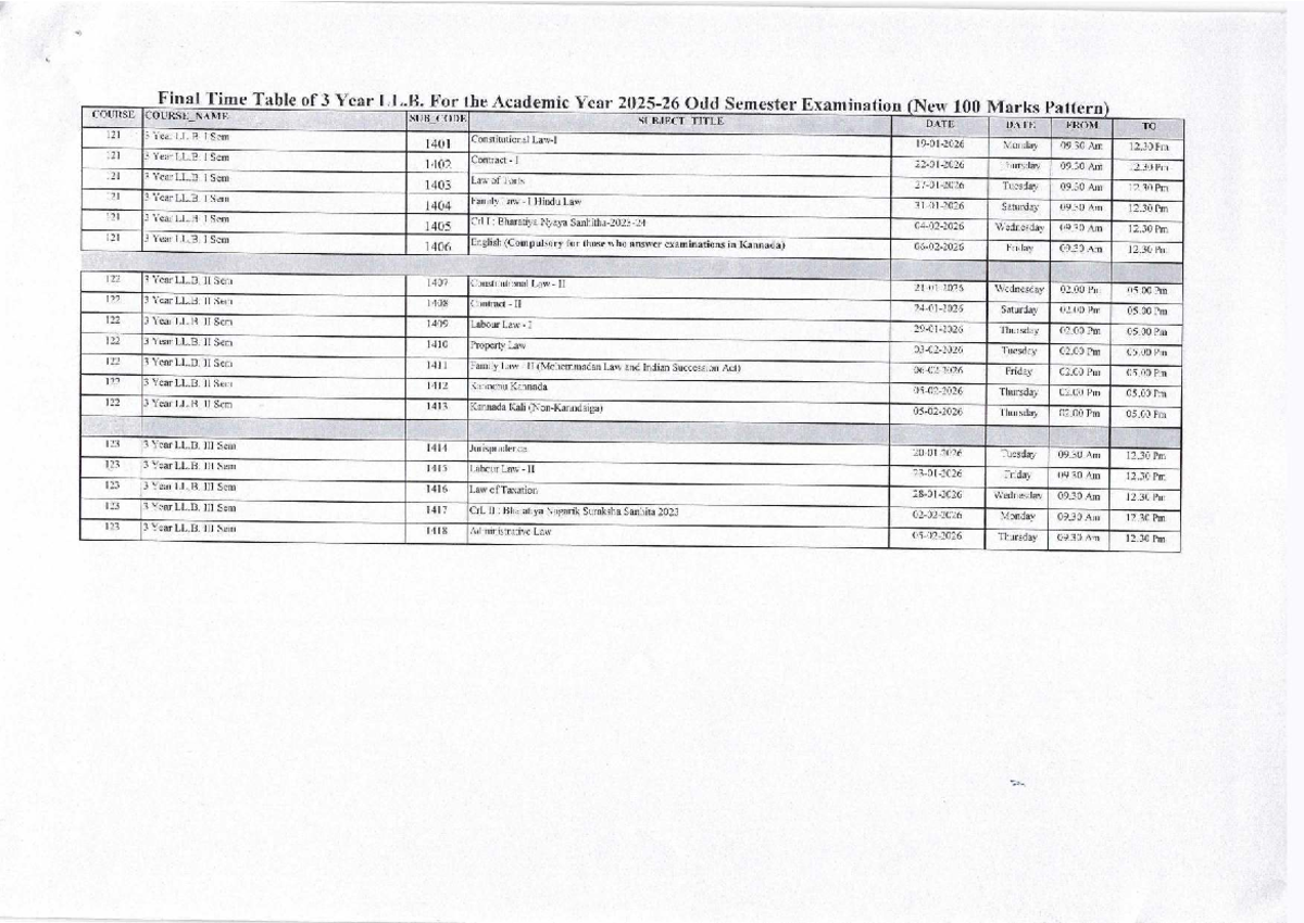 Final Time Table for 3 Year LL.B. & 5 Year B.A.,LL.B. Odd Sem Exams ...