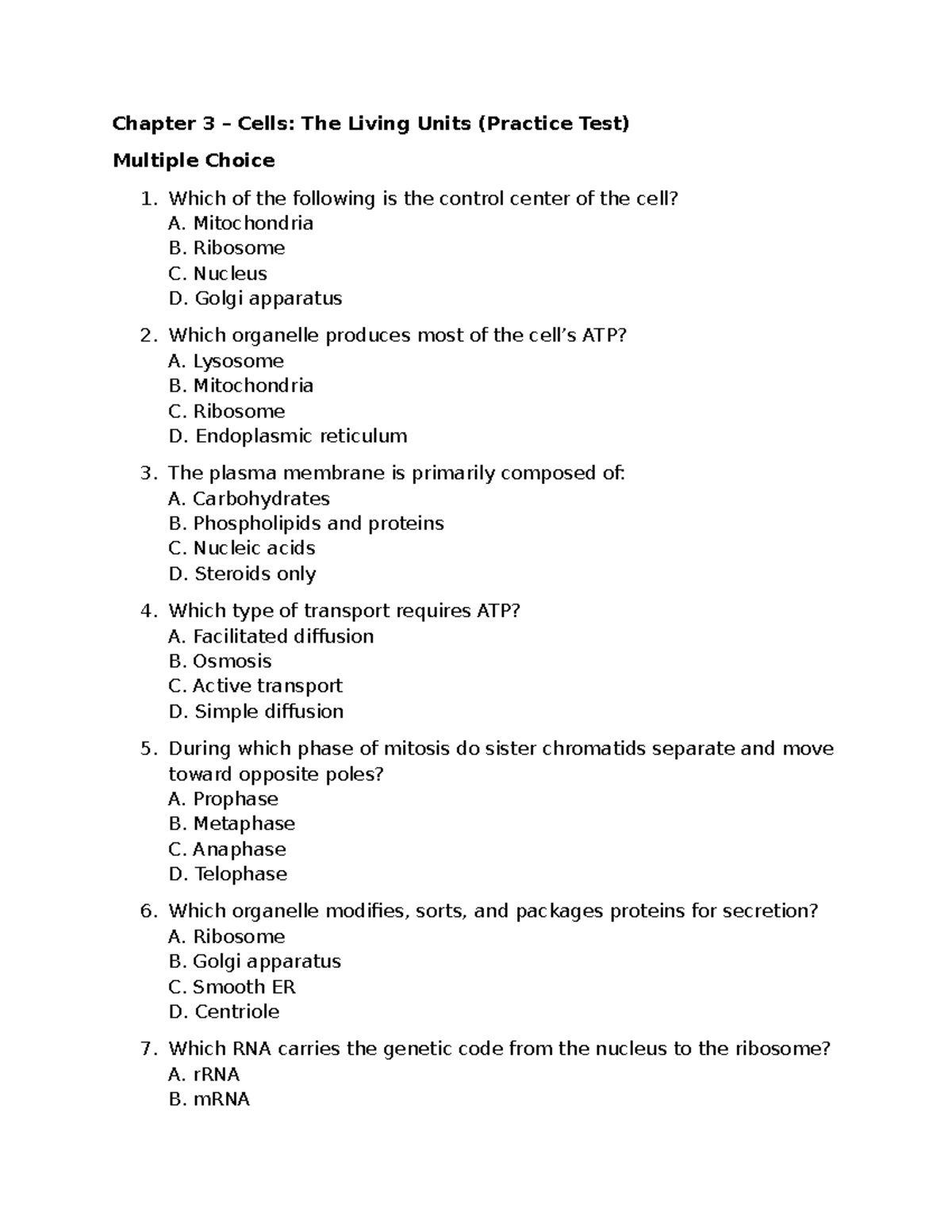 Chapter 3 Cells: The Living Units (Practice Test & Answers) - Studocu