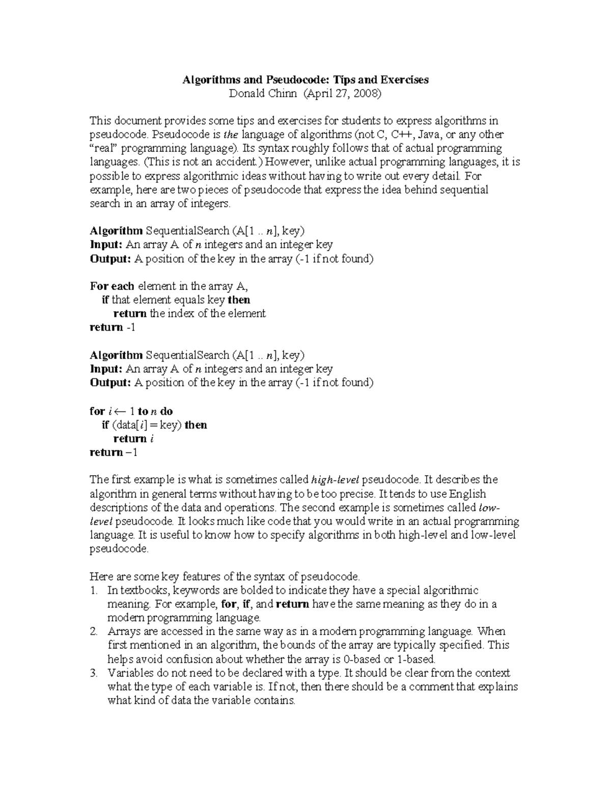 Pseudocode Guidelines and Exercises: Enhancing Algorithm Skills (CS101) - Studocu