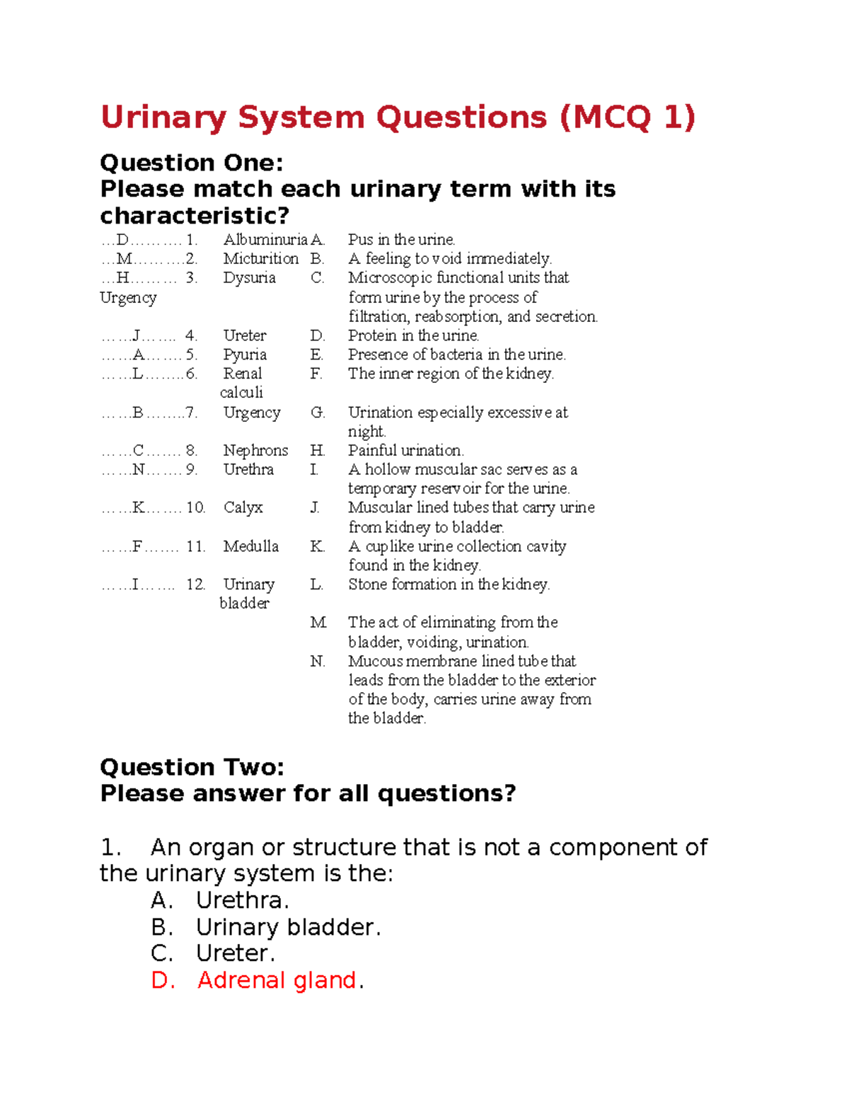 MCQ on Urinary System Concepts (BIO 101) - Practice Questions - Studocu
