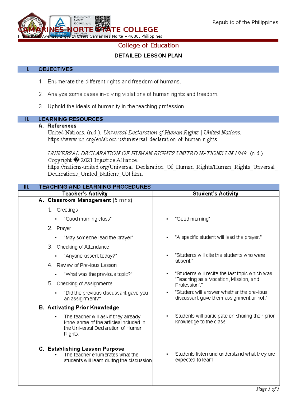 Detailed Lesson Plan on Human Rights - ED 101 - Studocu