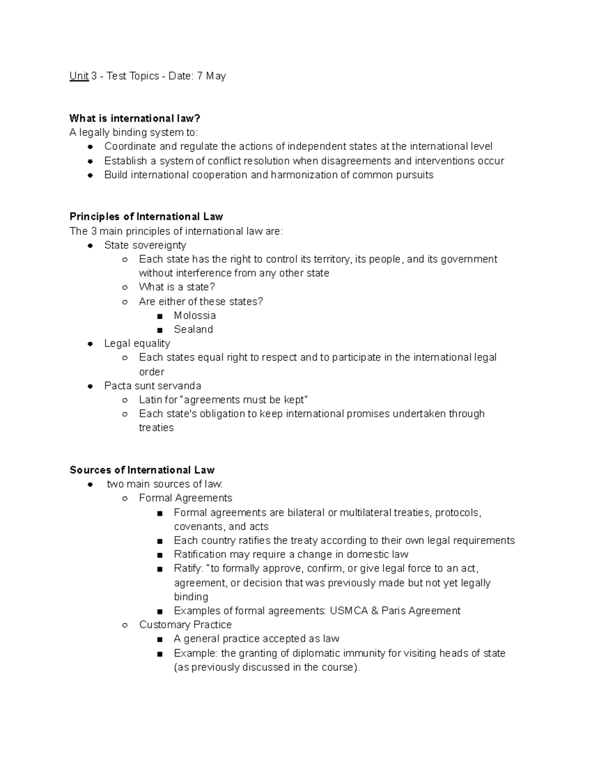 Unit 3 - International Law Test Topics - Studocu