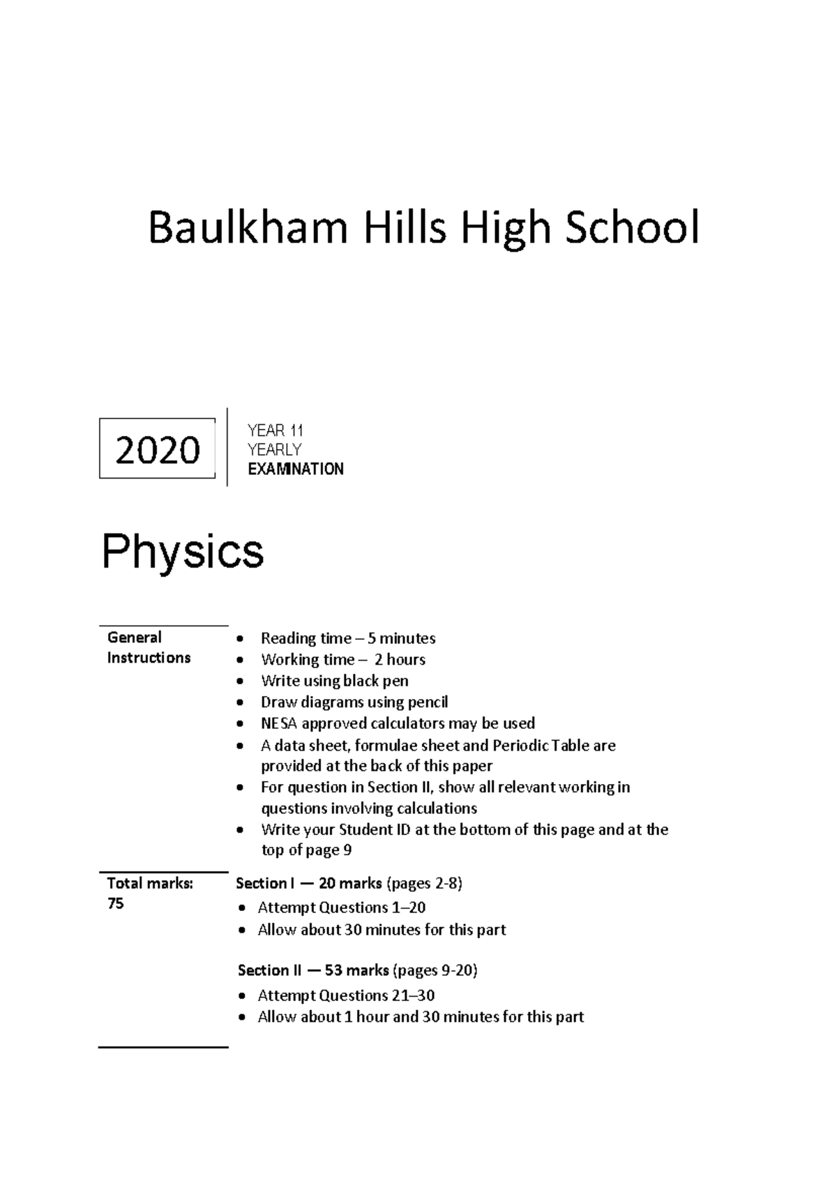 2020 Year 11 Physics Yearly Exam - Baulkham Hills High School - Studocu