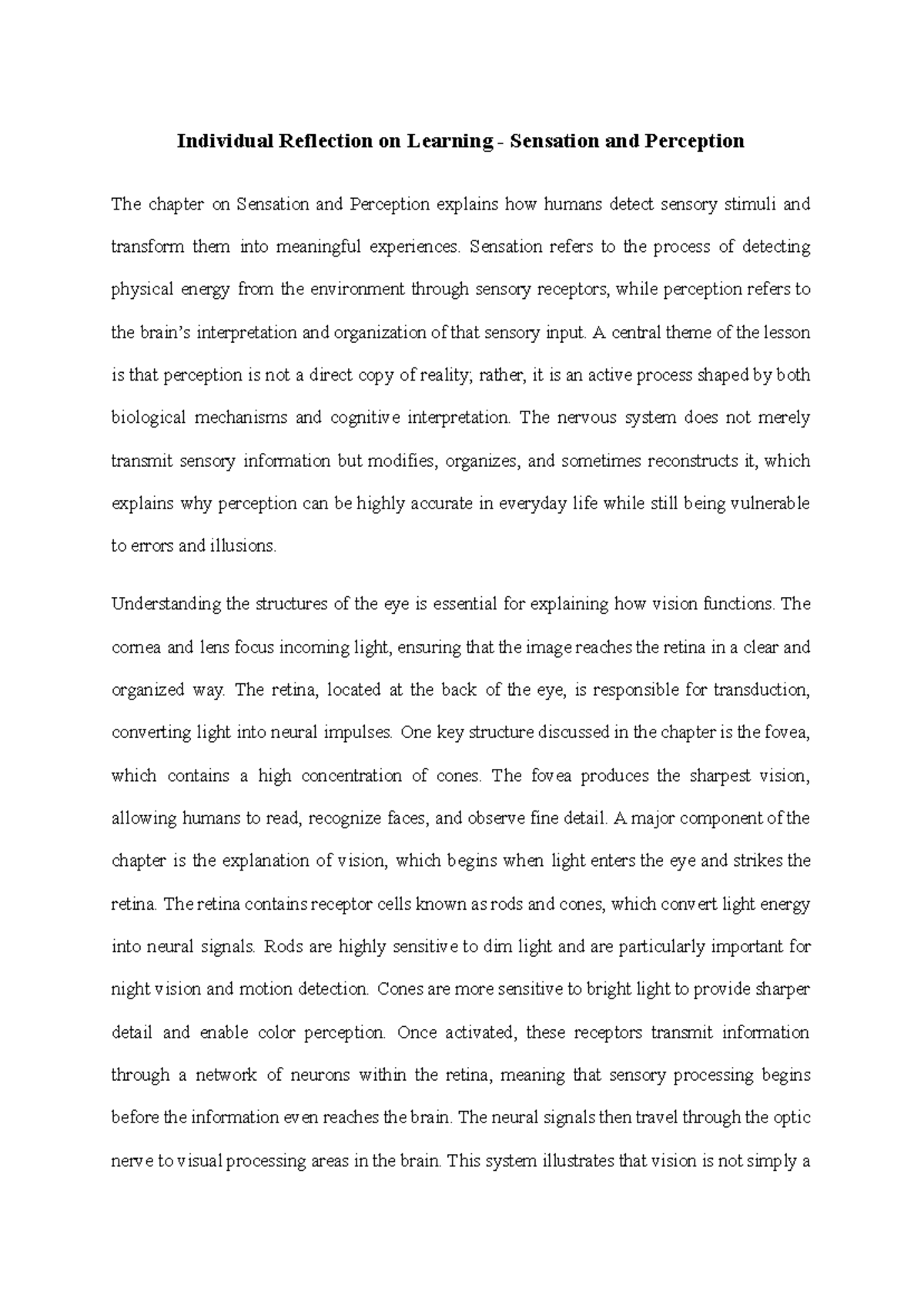 Individual Reflection on Sensation and Perception (PSY 101) - Studocu