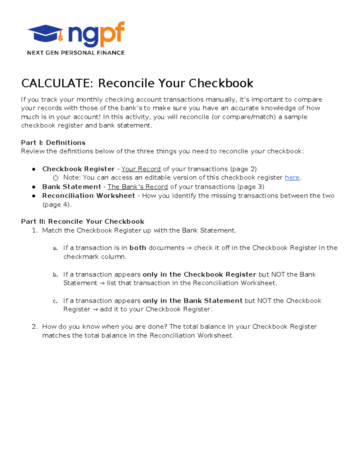 Checkbook Reconciliation Guide: Monthly Transactions Explained - Studocu