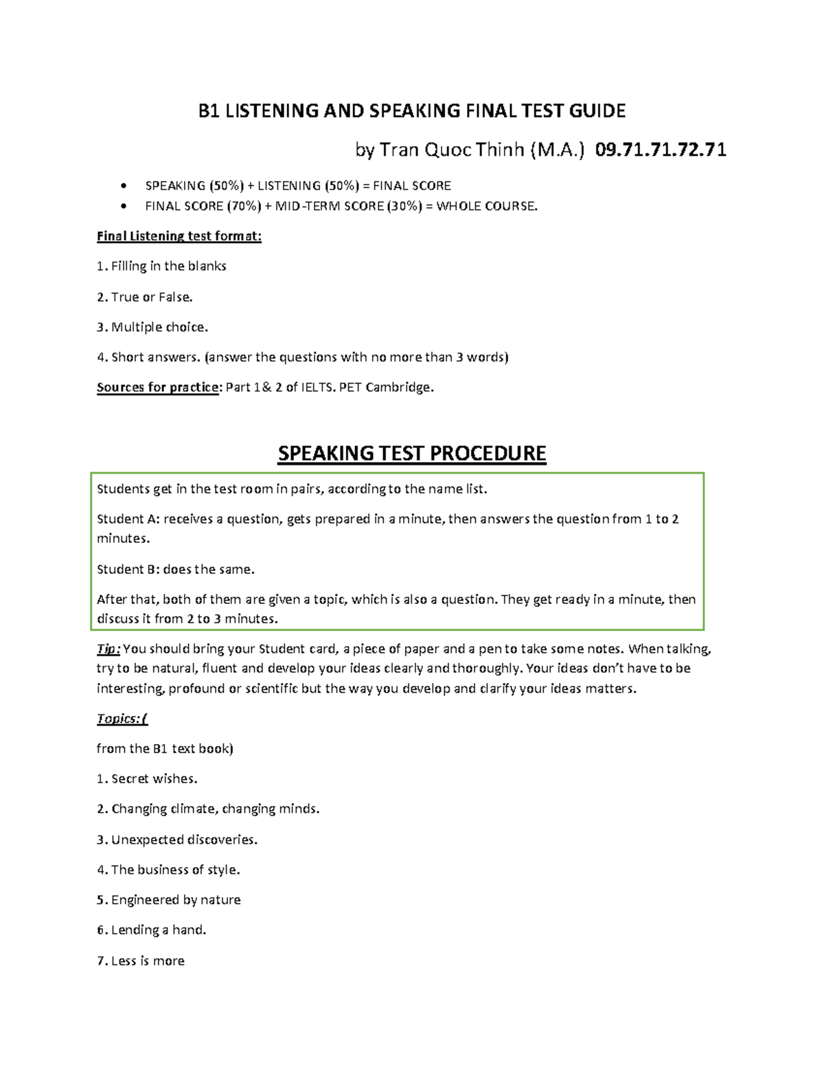 B1 Final Listening & Speaking Test Preparation Guide - Studocu